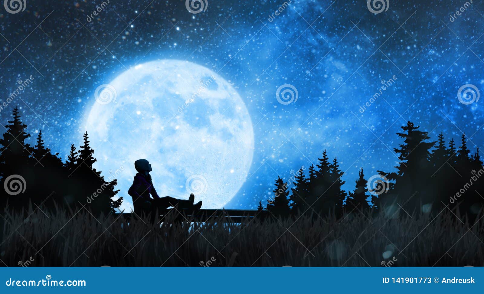 Girl Watching Sunset Or Moon Vector Illustration | CartoonDealer.com ...
