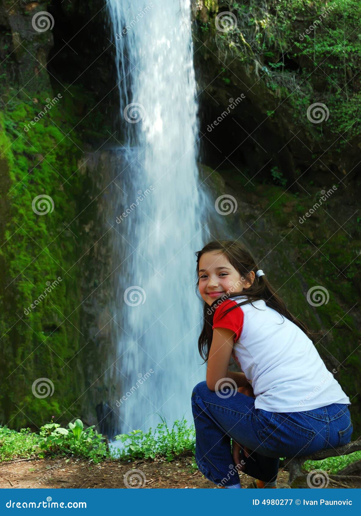 Girl and a waterfall stock image. Image of relax, river - 4980277
