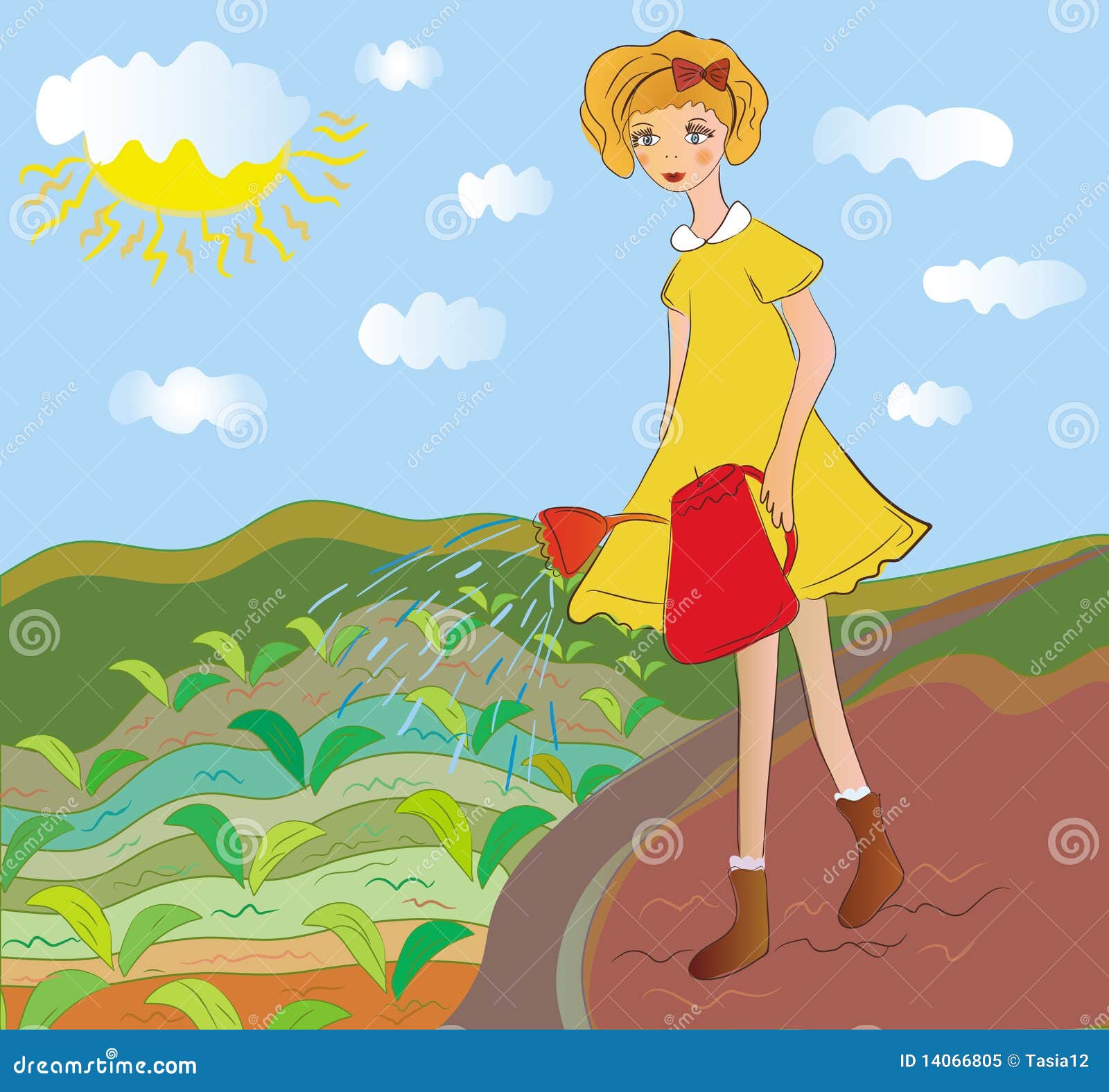Girl watering young crops stock vector. Illustration of catroon - 14066805