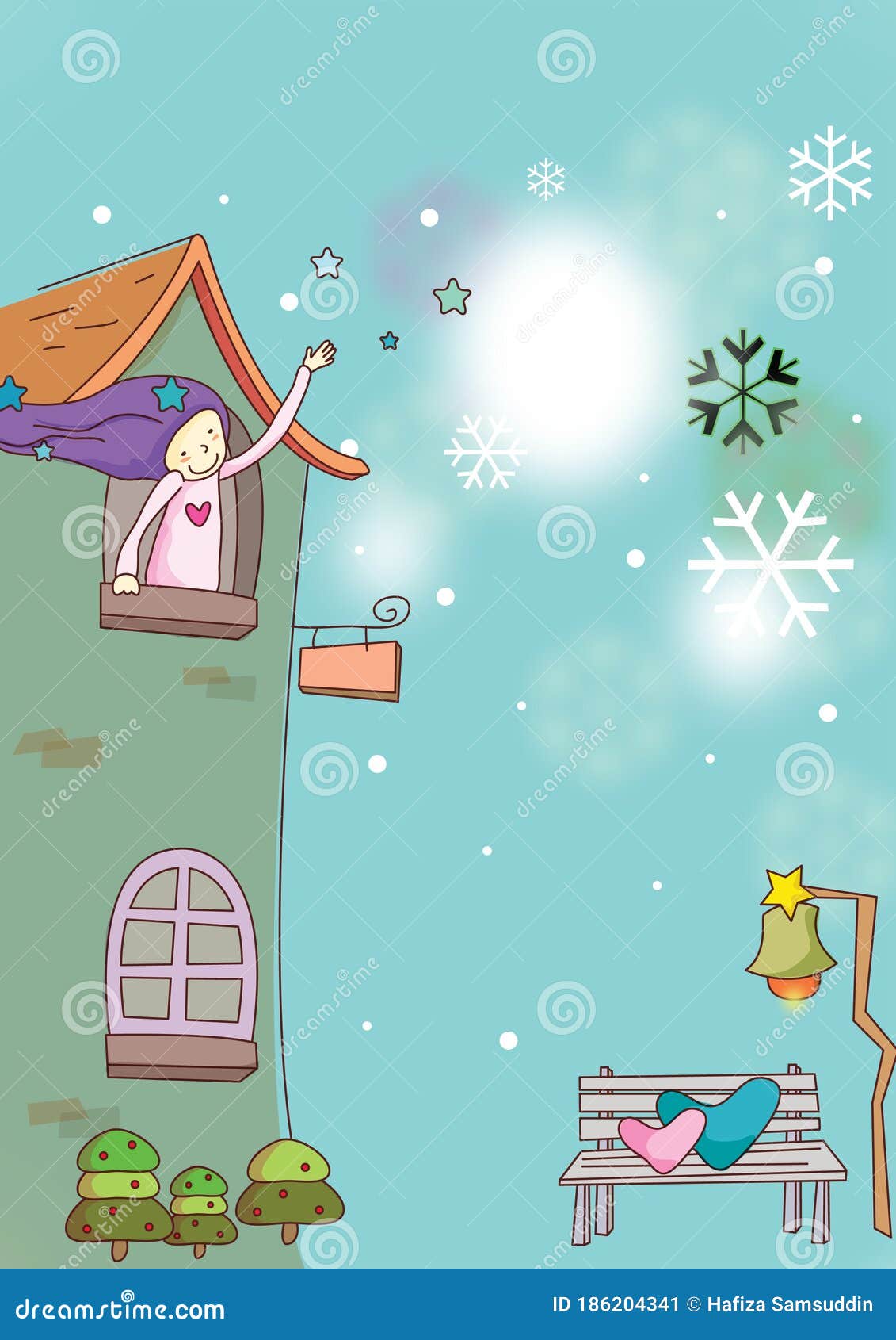 Girl Waving Hand from Window. Vector Illustration Decorative Design ...