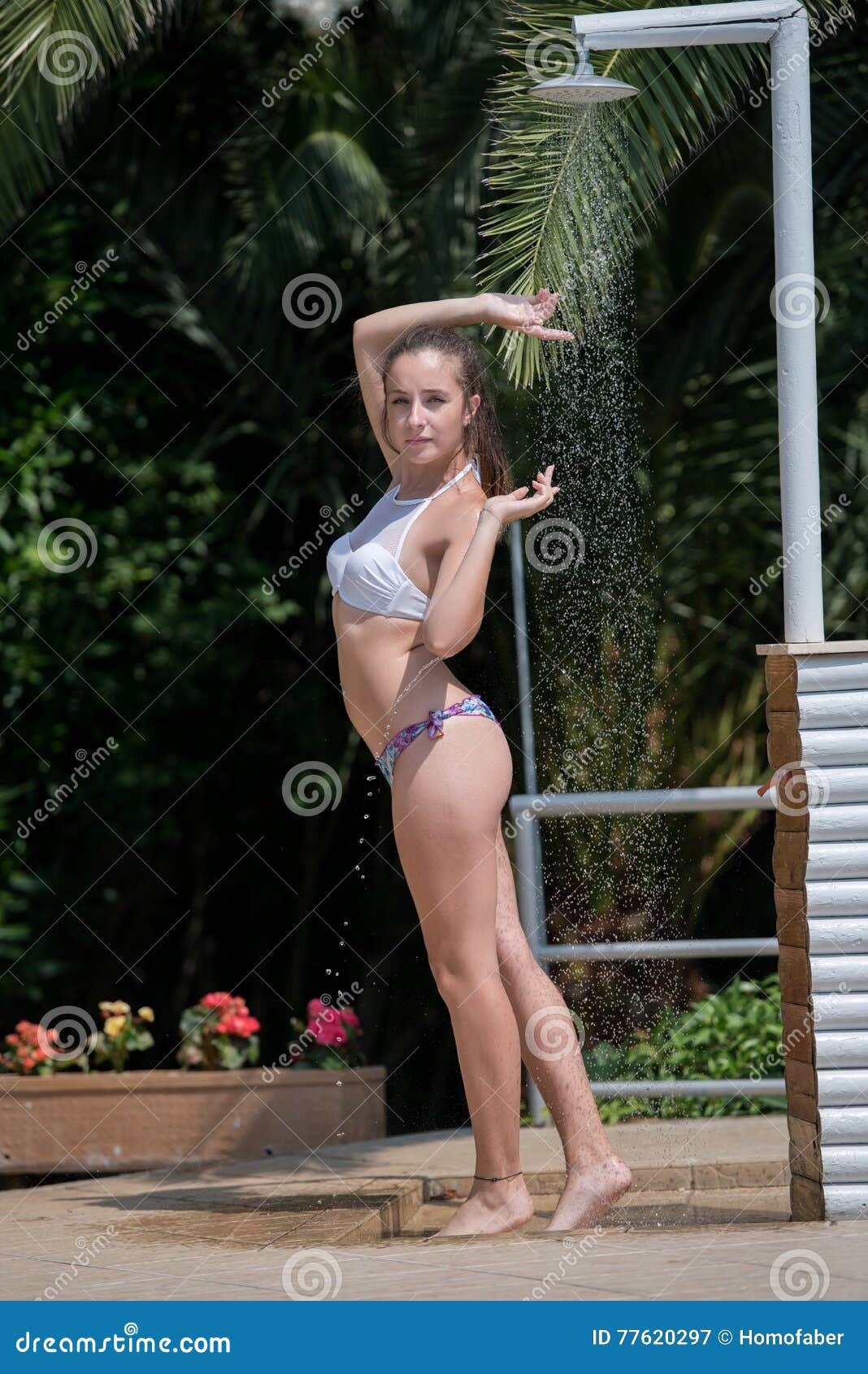 Girl Wear Bikini Standing Under the Outdoor Pool Shower Stock Image ... Girl Wear Bikini Standing Under the Outdoor Pool Shower Stock Image ...