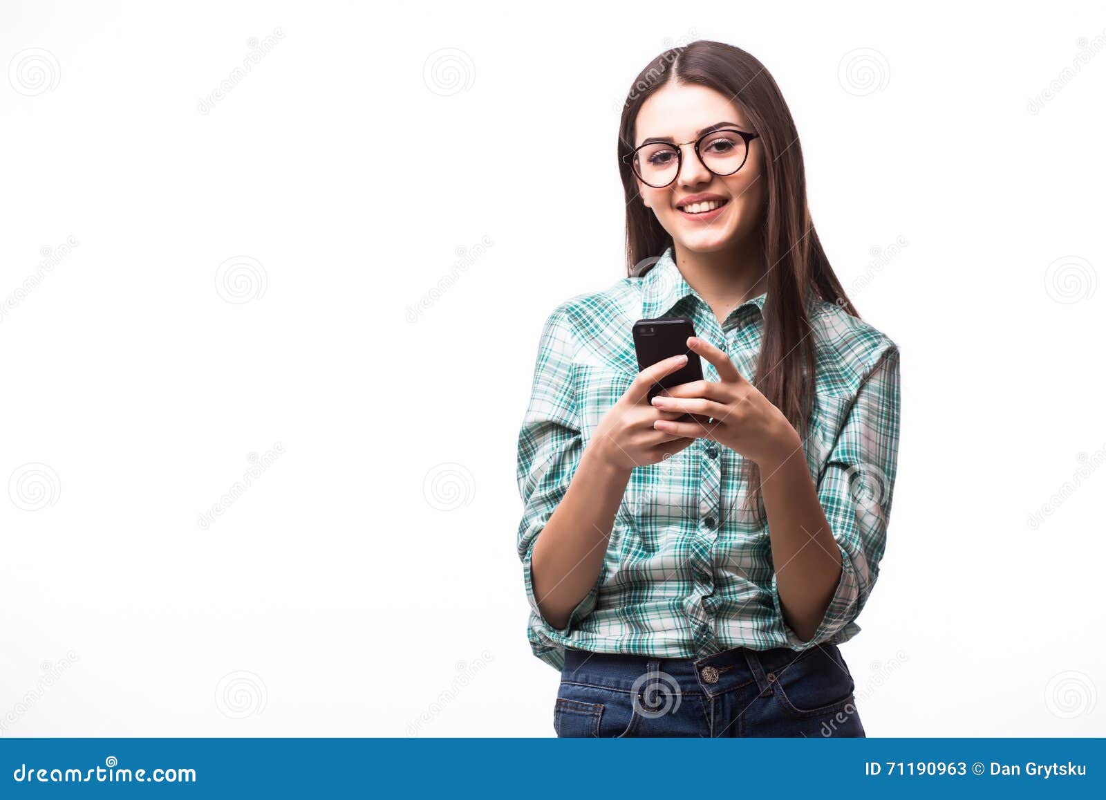Girl Wearing Glasses And Using Her Smartphone For Texting Stock Image