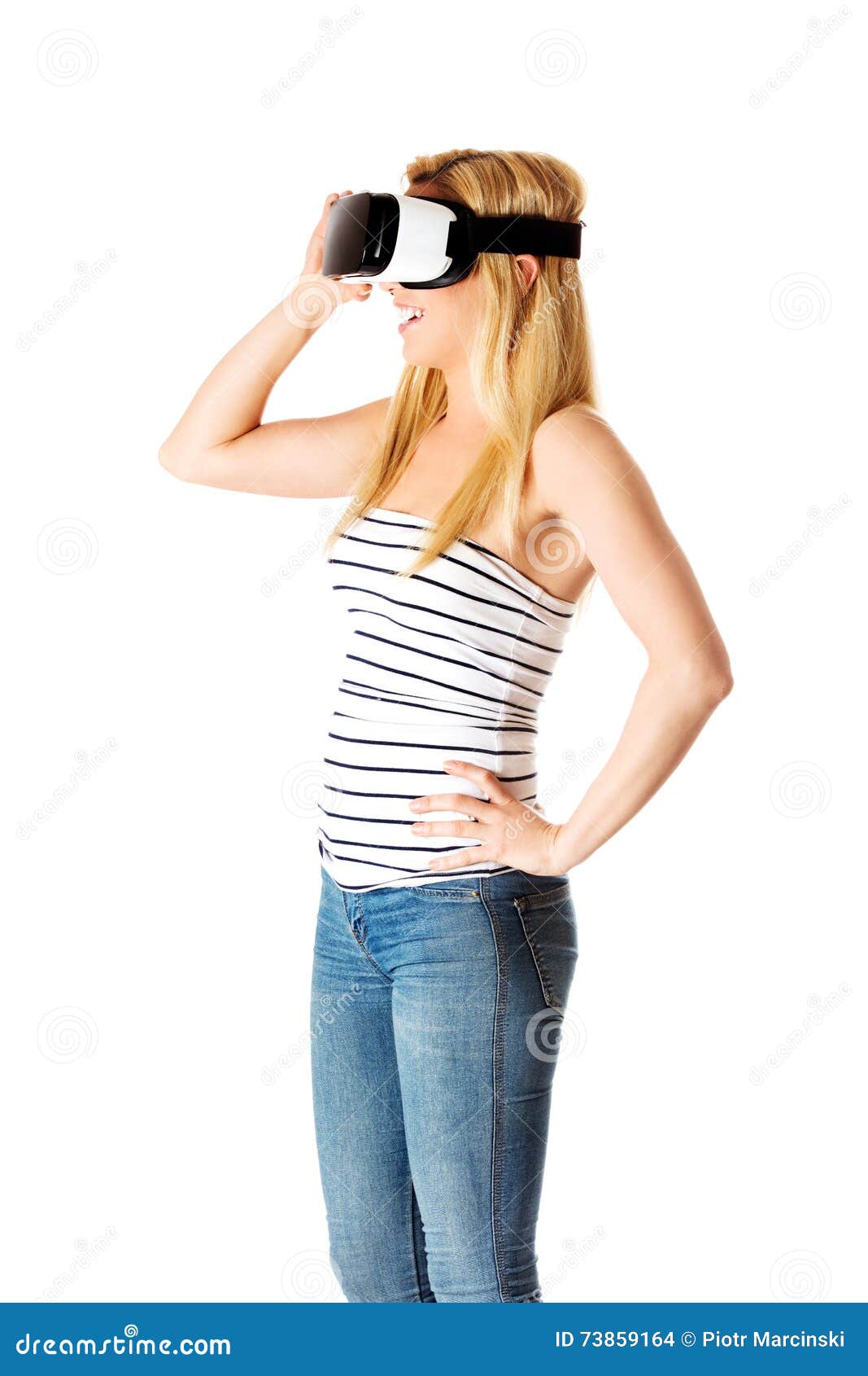 Girl Wearing Virtual Reality Goggles Isolated on White. Stock Photo ...