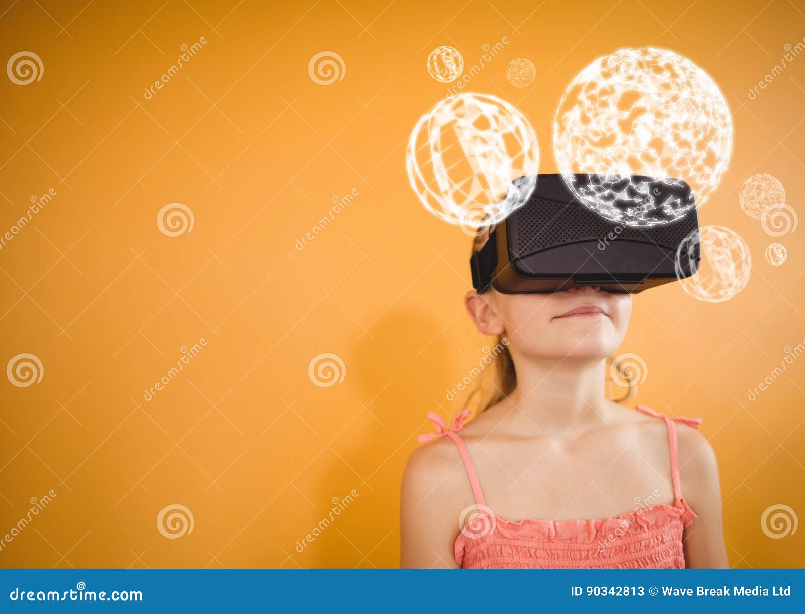 Girl Wearing VR Virtual Reality Headset with Interface Orbs Stock Image ...