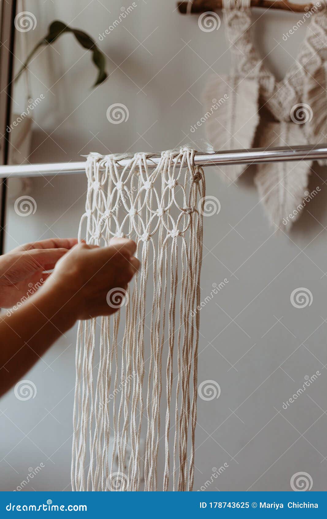 The Process of Weaving Macrame. Hands Weave Macrame Decor Stock Image ...