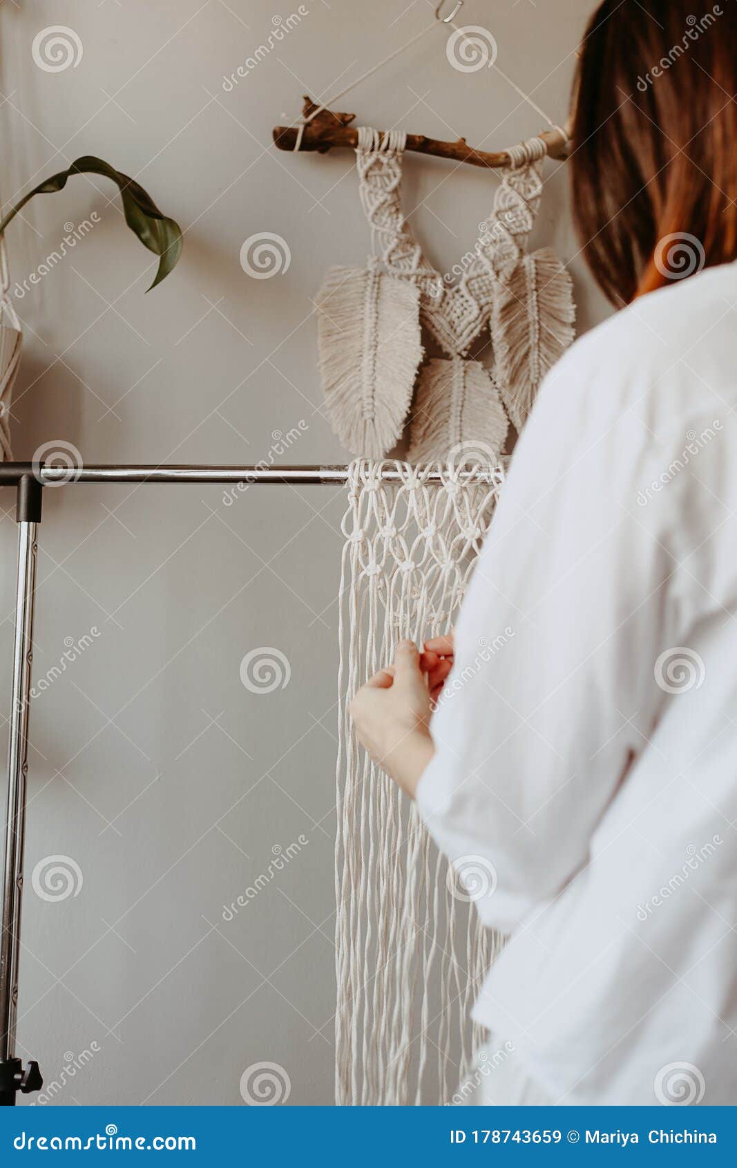 The Process of Weaving Macrame. Hands Weave Macrame Decor Stock Image ...