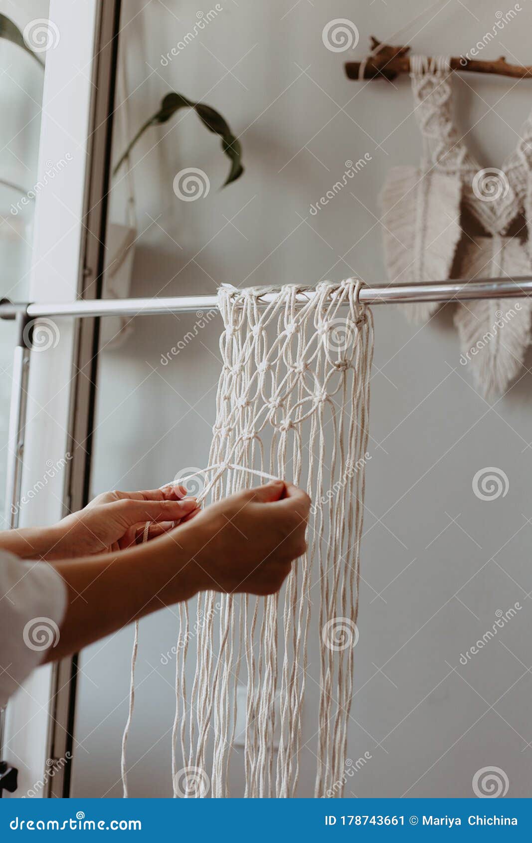 The Process of Weaving Macrame. Hands Weave Macrame Decor Stock Image ...