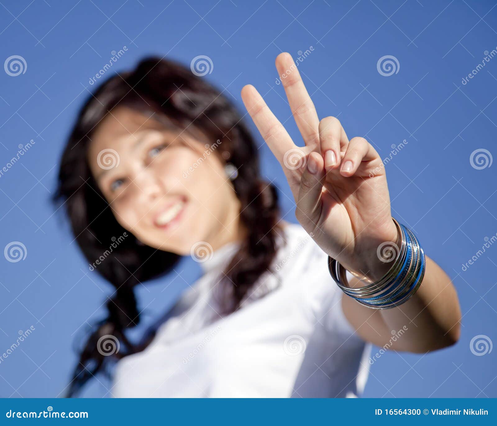 Girl Which Show Hand V Symbol. Stock Photo - Image of adult, face: 16564300