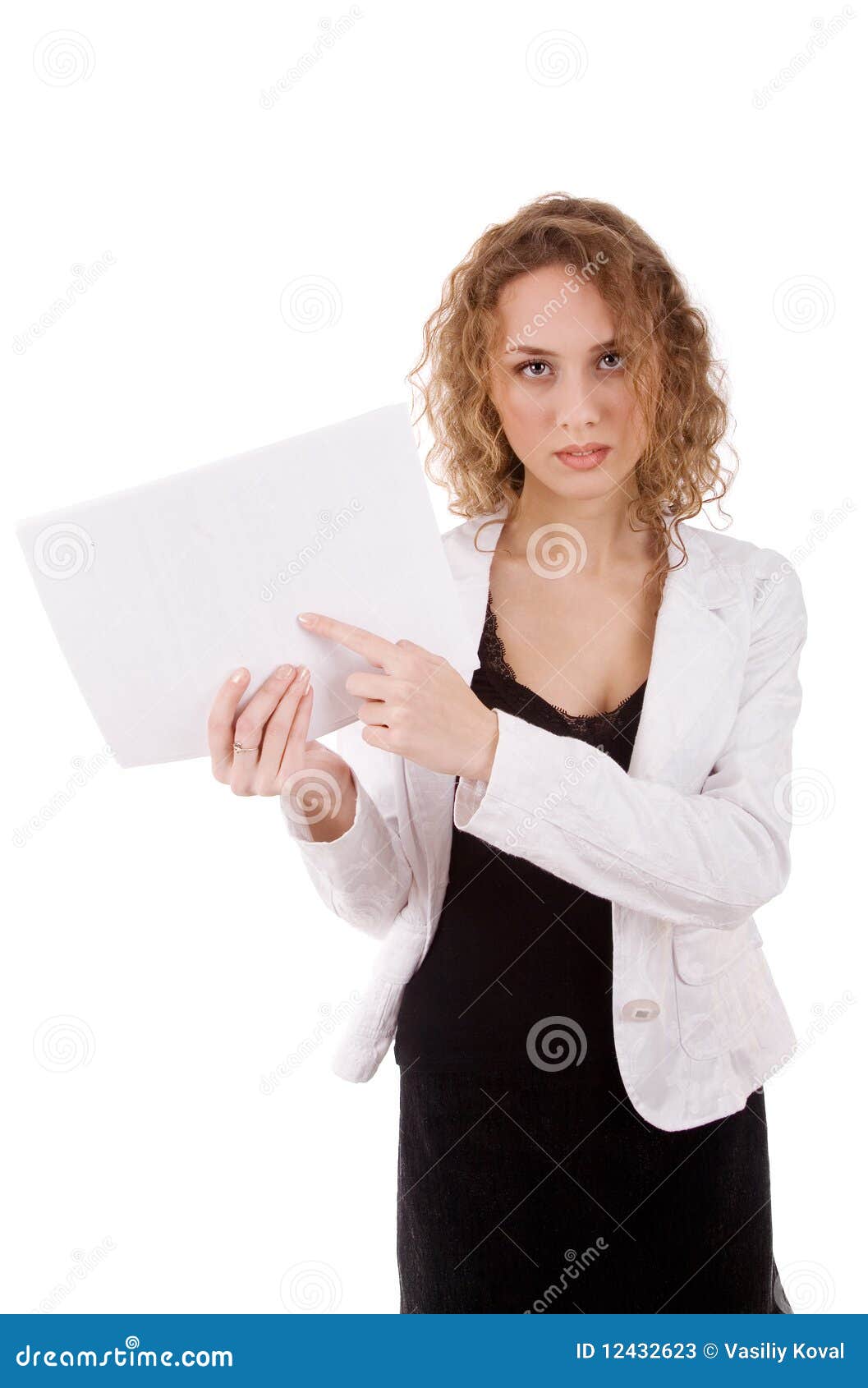 Girl with white paper stock image. Image of model, studio - 12432623