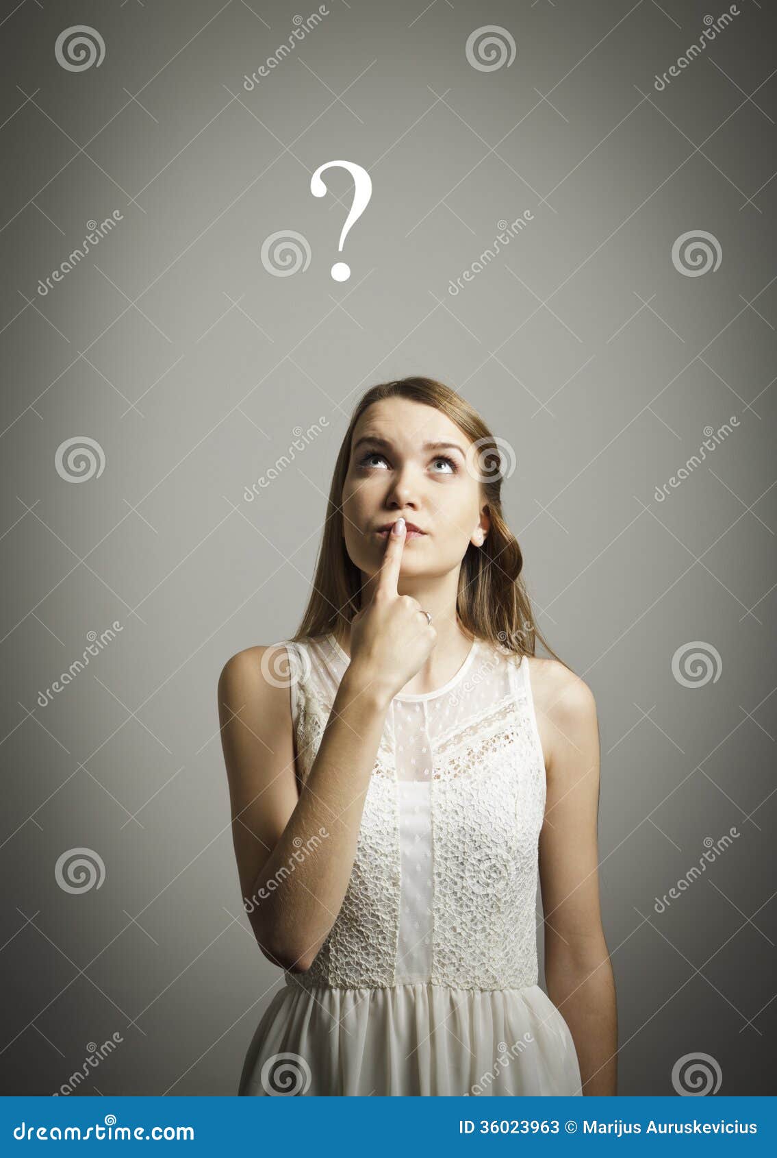 Girl in White and Question Mark Stock Image - Image of looking, mark ...