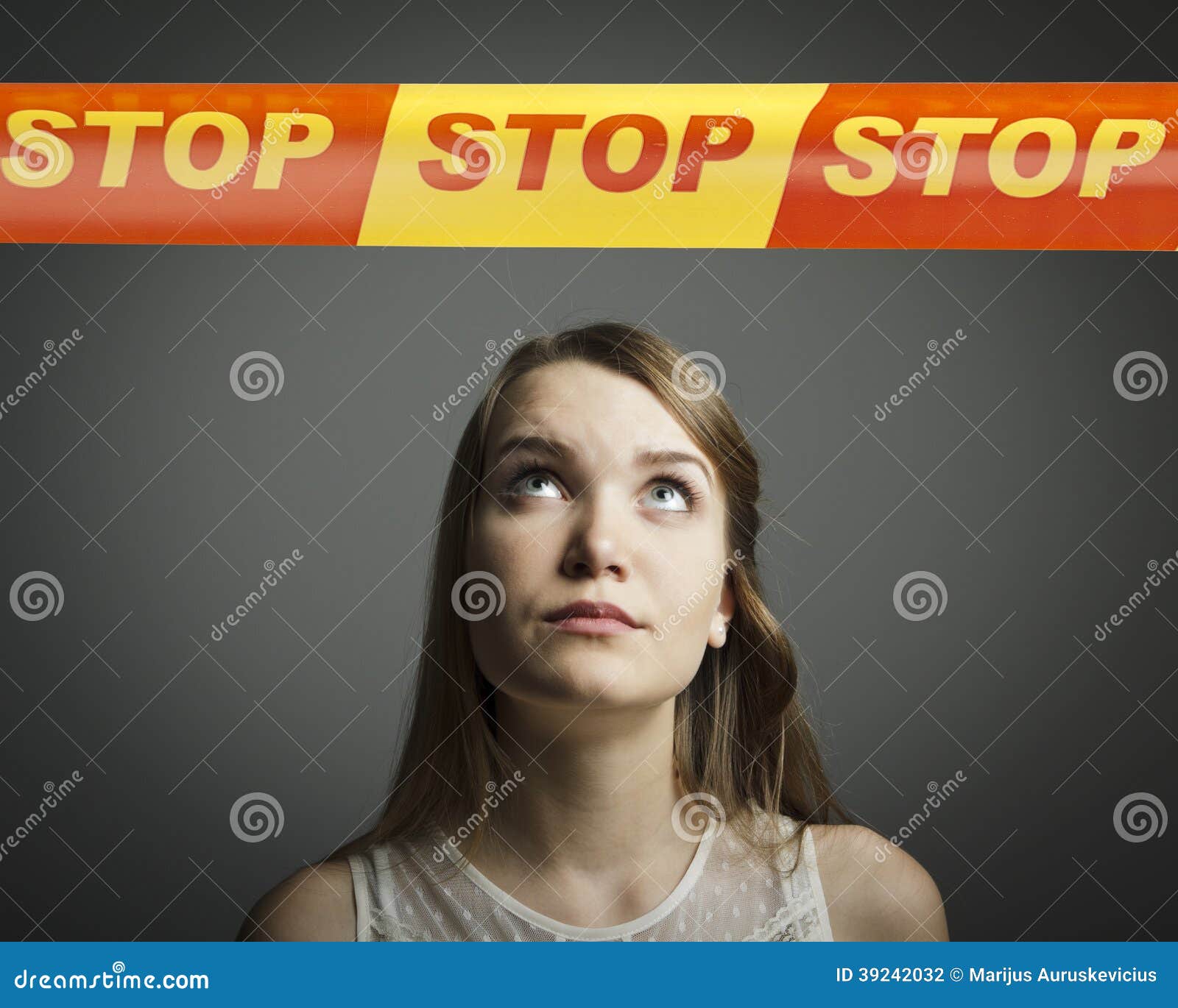 Girl in White and STOP Line. Stock Photo - Image of detention, outsider ...