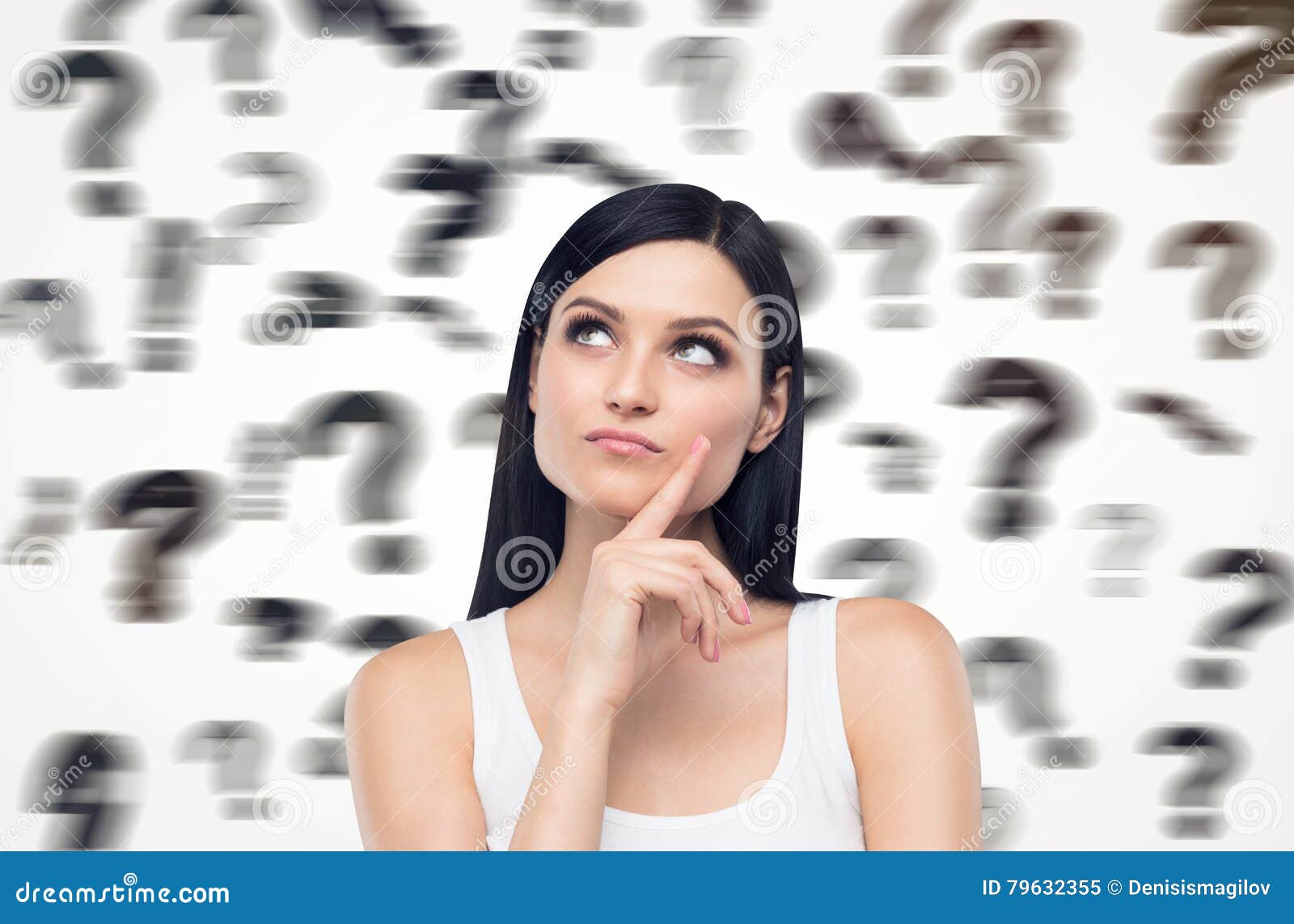 Girl in White Tank Top and Blurred Question Marks Stock Image - Image ...