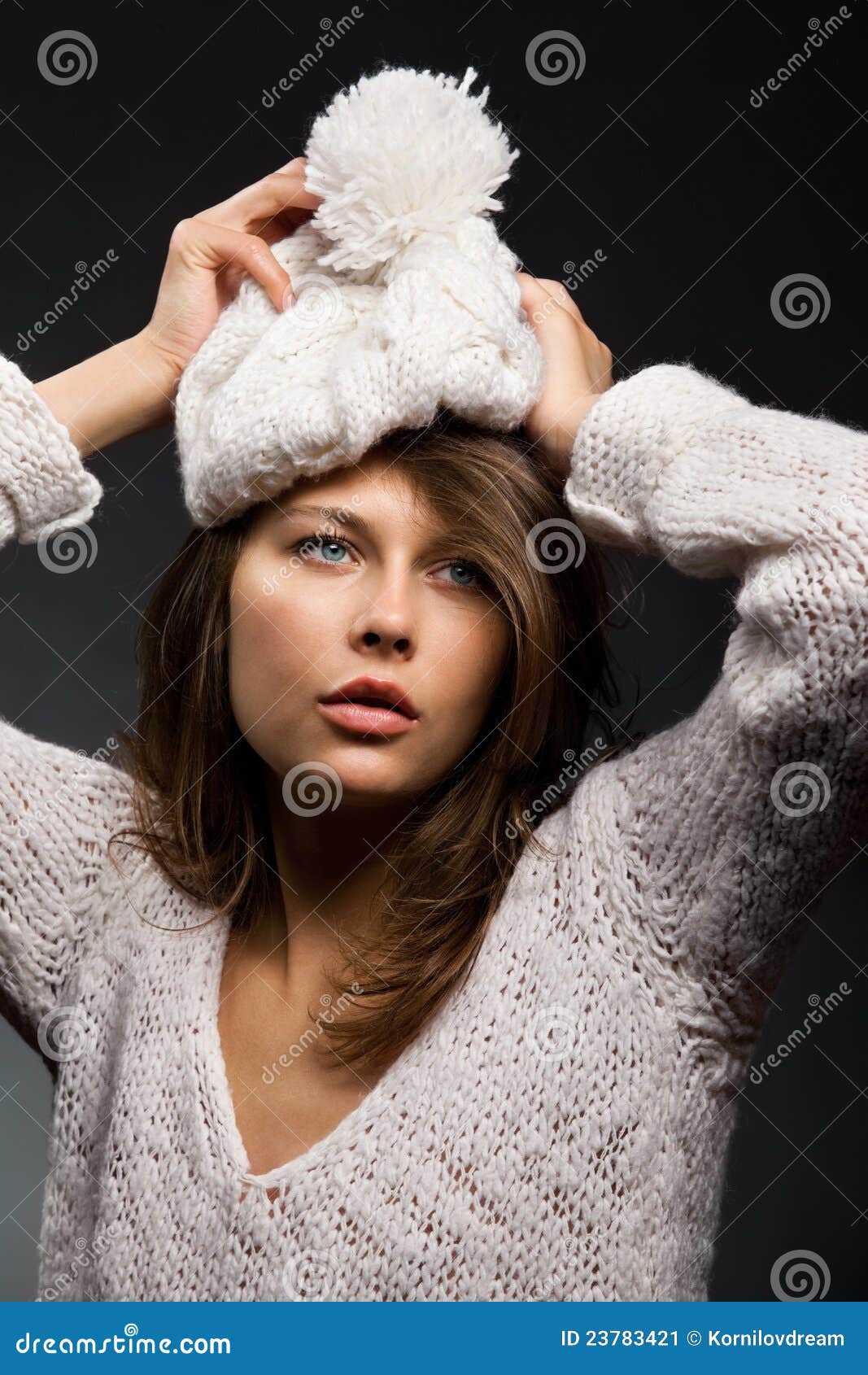 Girl in white wool and cap stock image. Image of daydreaming - 23783421