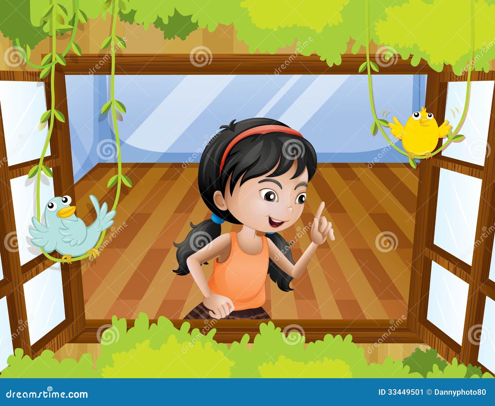 A Girl at the Window with Birds Stock Vector - Illustration of cartoon ...