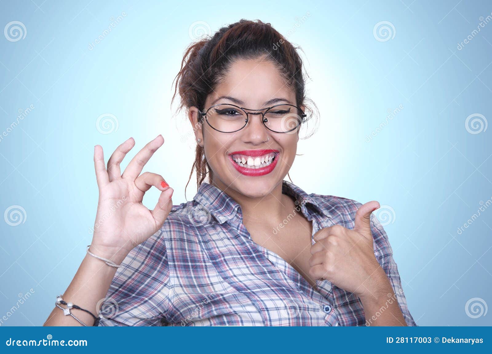 Girl Winking with Thumb Up and Ok Sign Stock Image - Image of good ...