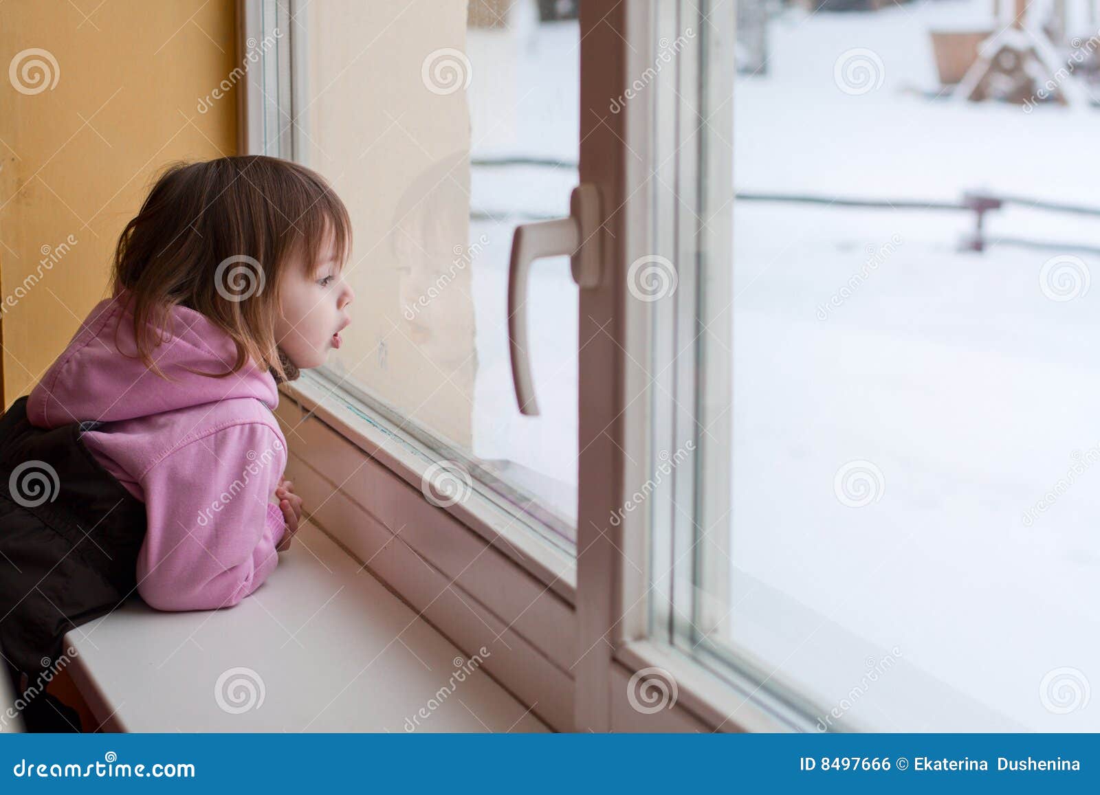 Girl and Winter Behind Window. Stock Photo - Image of childhood ...