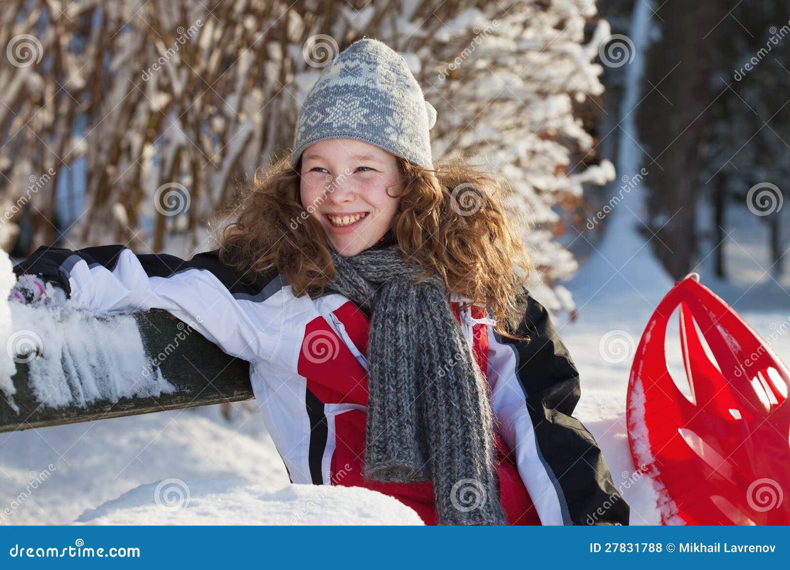 Girl in Winter Cloths with Red Sledge Stock Photo - Image of sitting ...