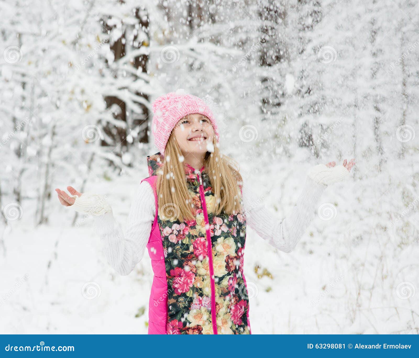 Girl in Winter Forest Enjoying Snowfall Stock Image - Image of ...
