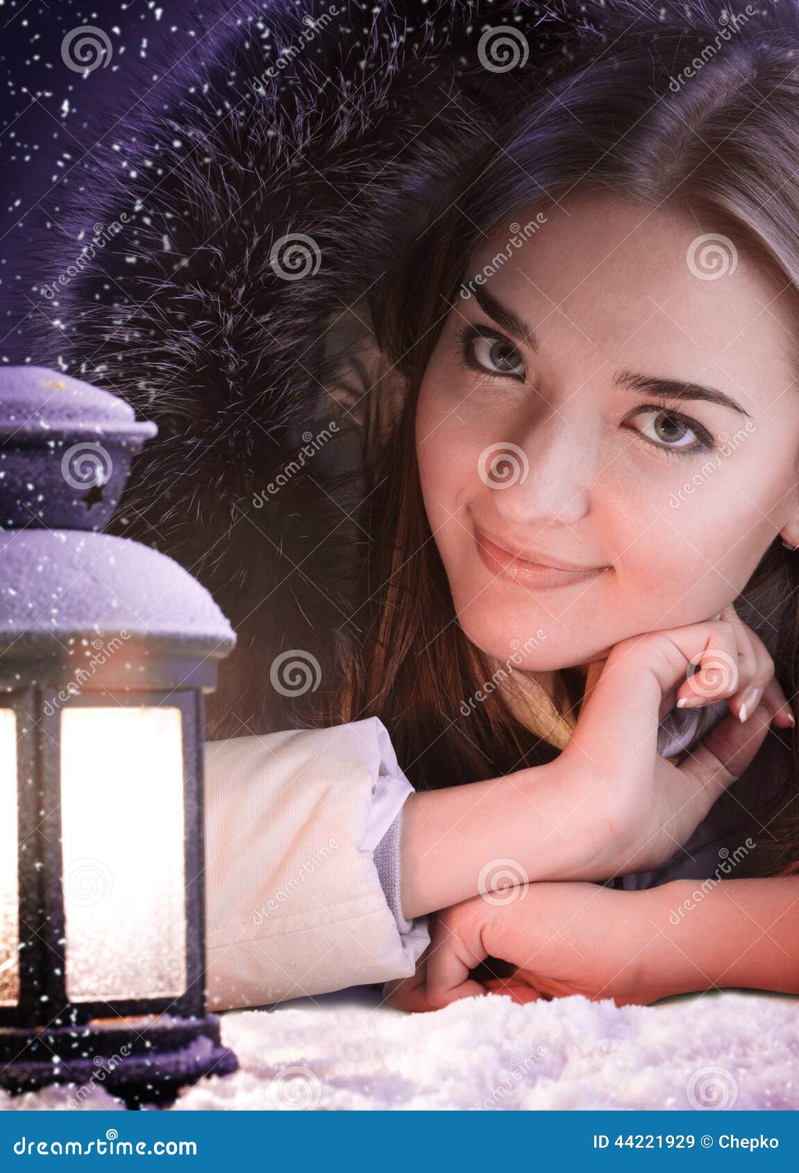 Girl on Winter Snow with Lantern Stock Image - Image of christmas ...