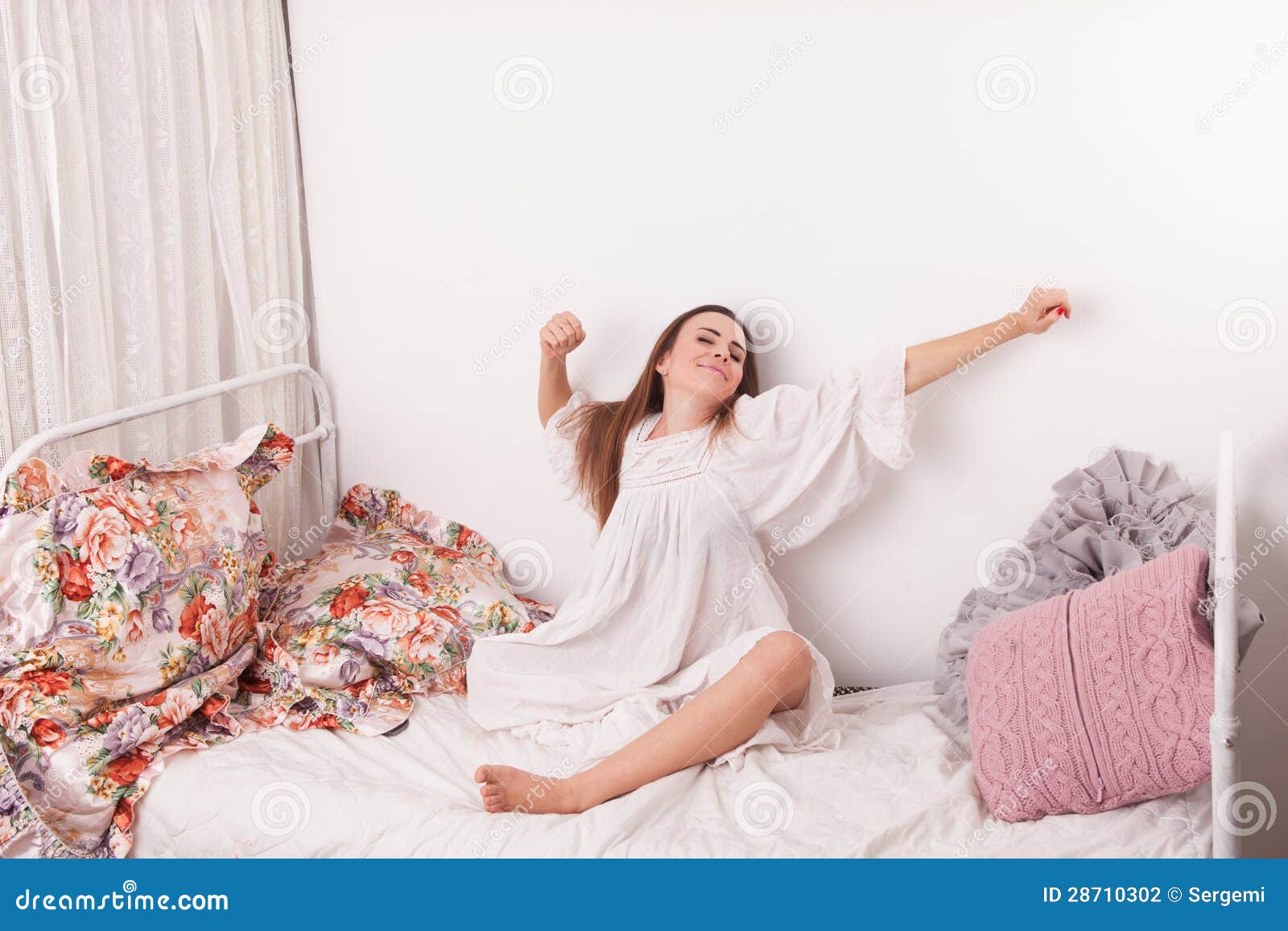 Girl woke up stock photo. Image of sheet, brown, embracing - 28710302