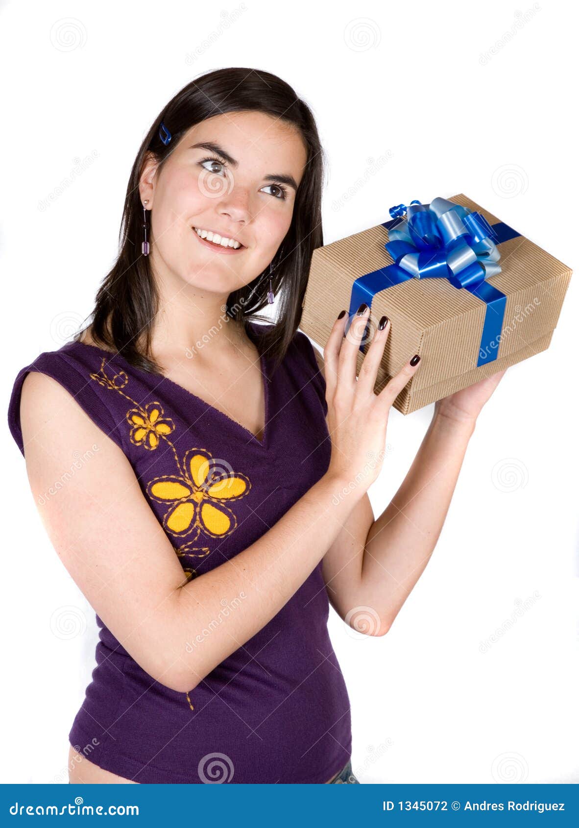 Girl Wondering What she Got for a Gift Stock Photo - Image of blue ...