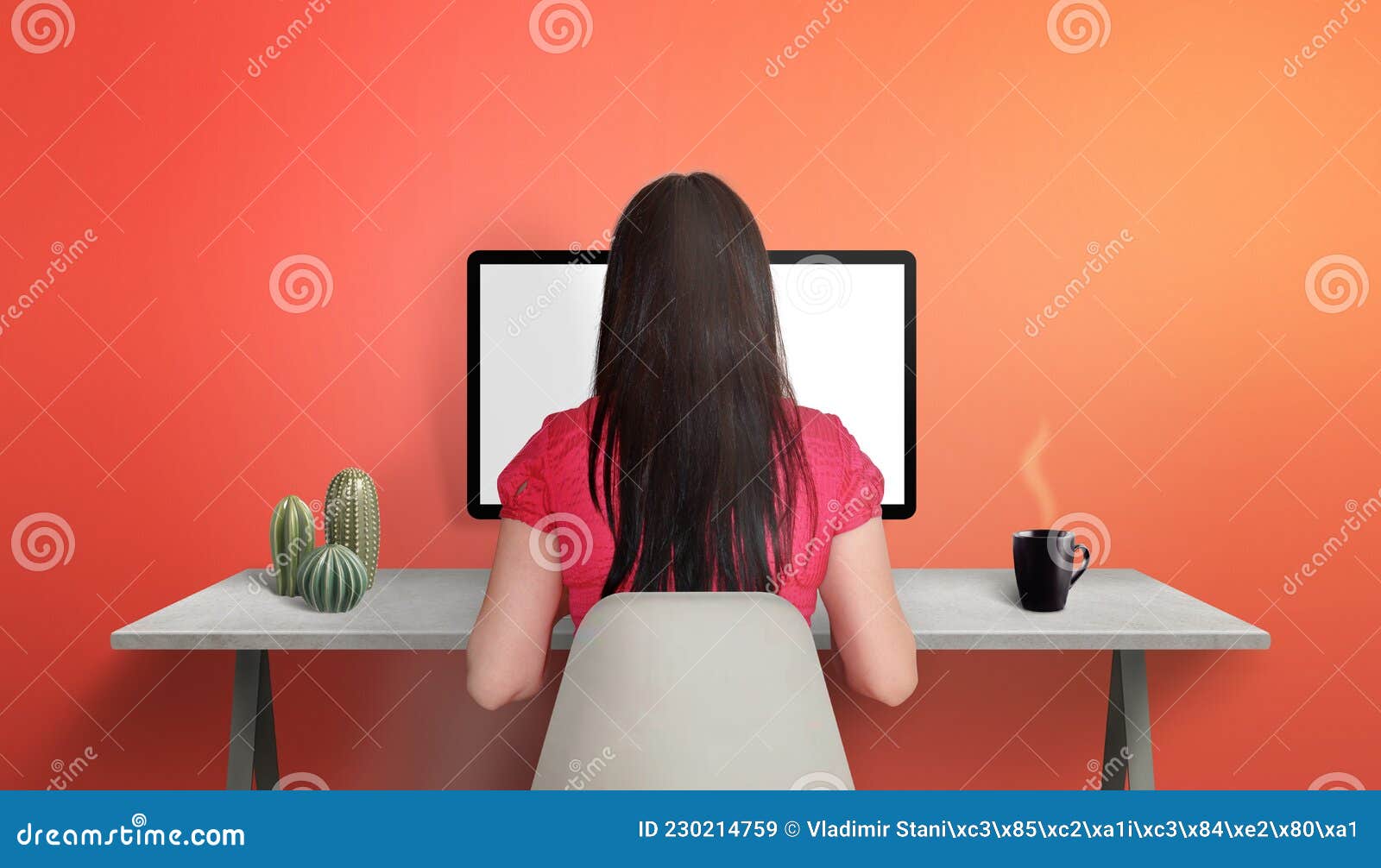 Girl Work on Computer. Remote, Work from Home Concept Stock Image ...