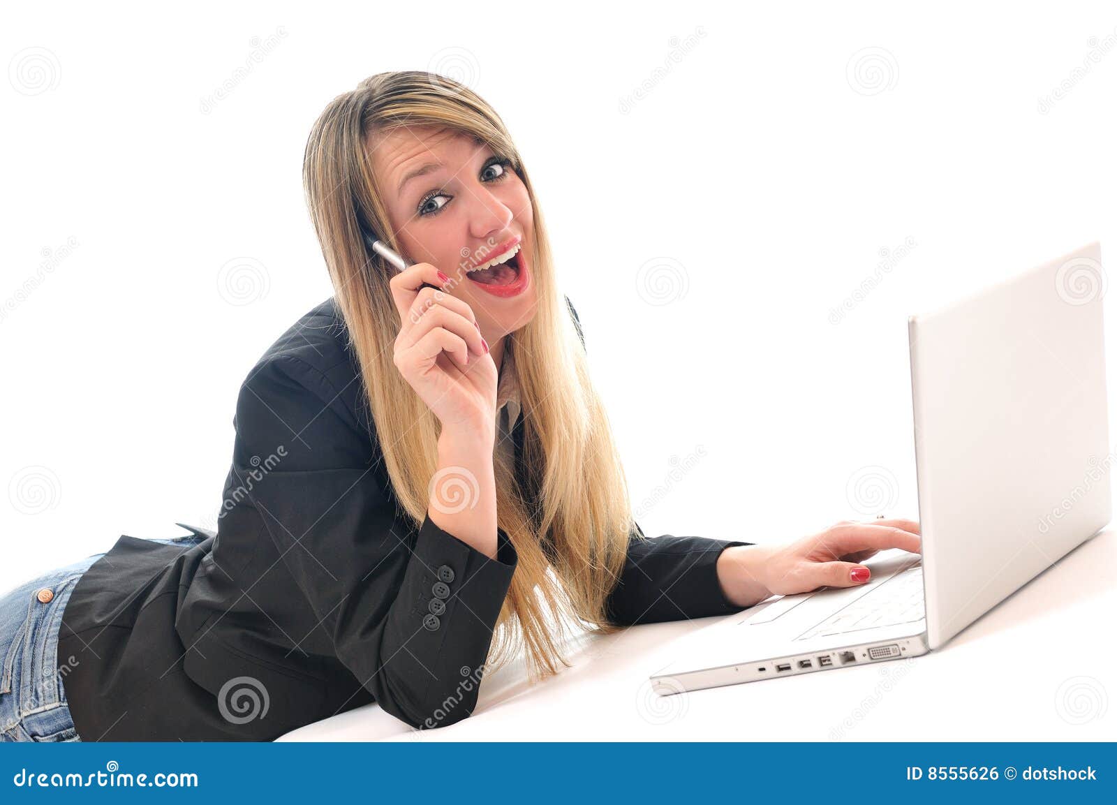 Girl work on laptop stock photo. Image of female, cellphone - 8555626