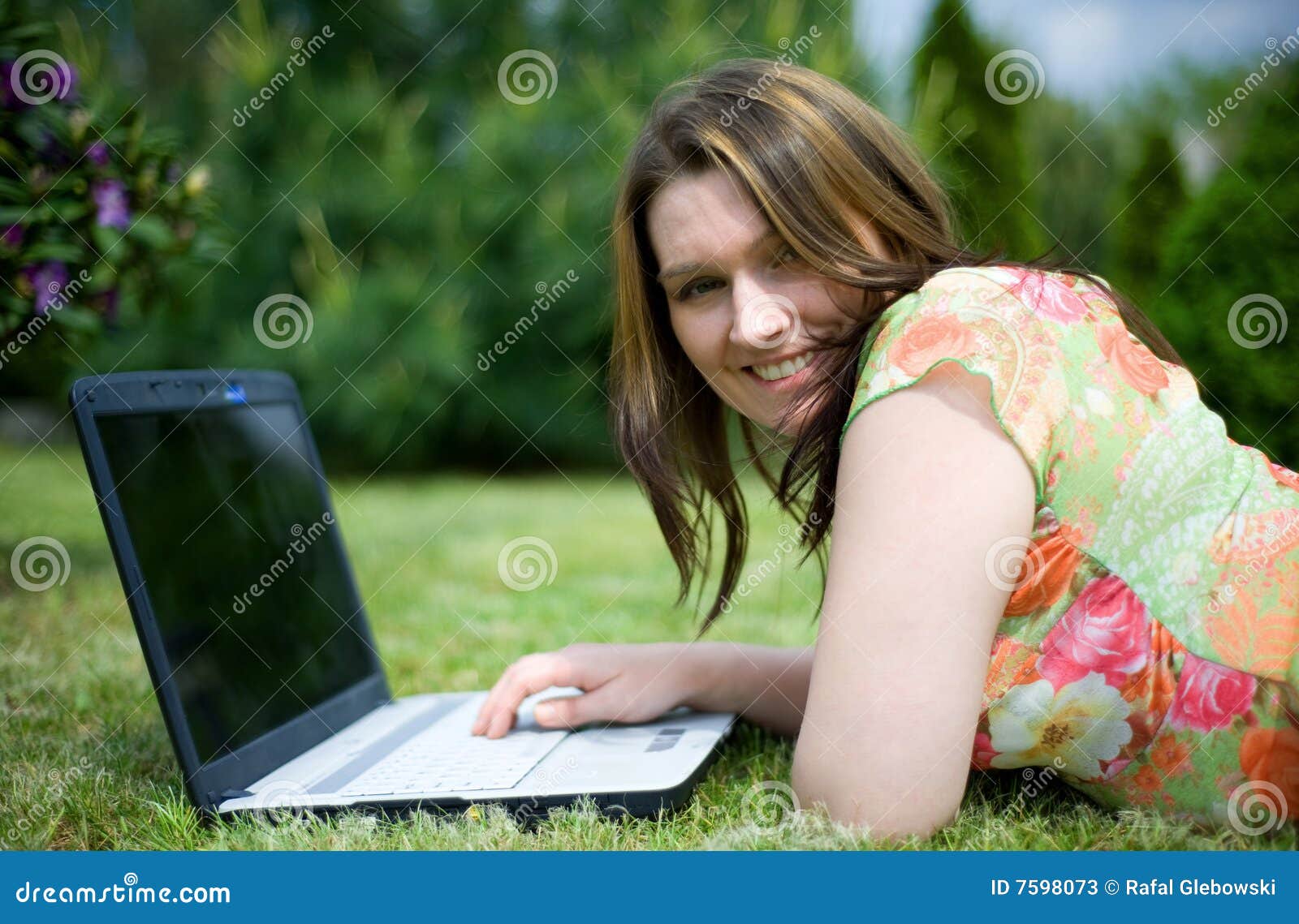 Girl Work on Laptop in Garden Stock Image - Image of attractive ...