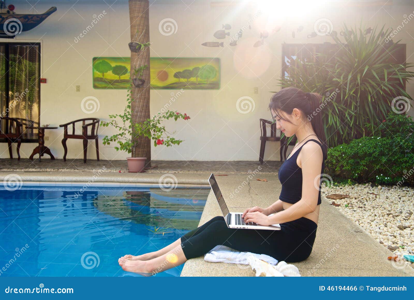 Girl Work with Laptop at Pool Stock Photo - Image of girl, type: 46194466