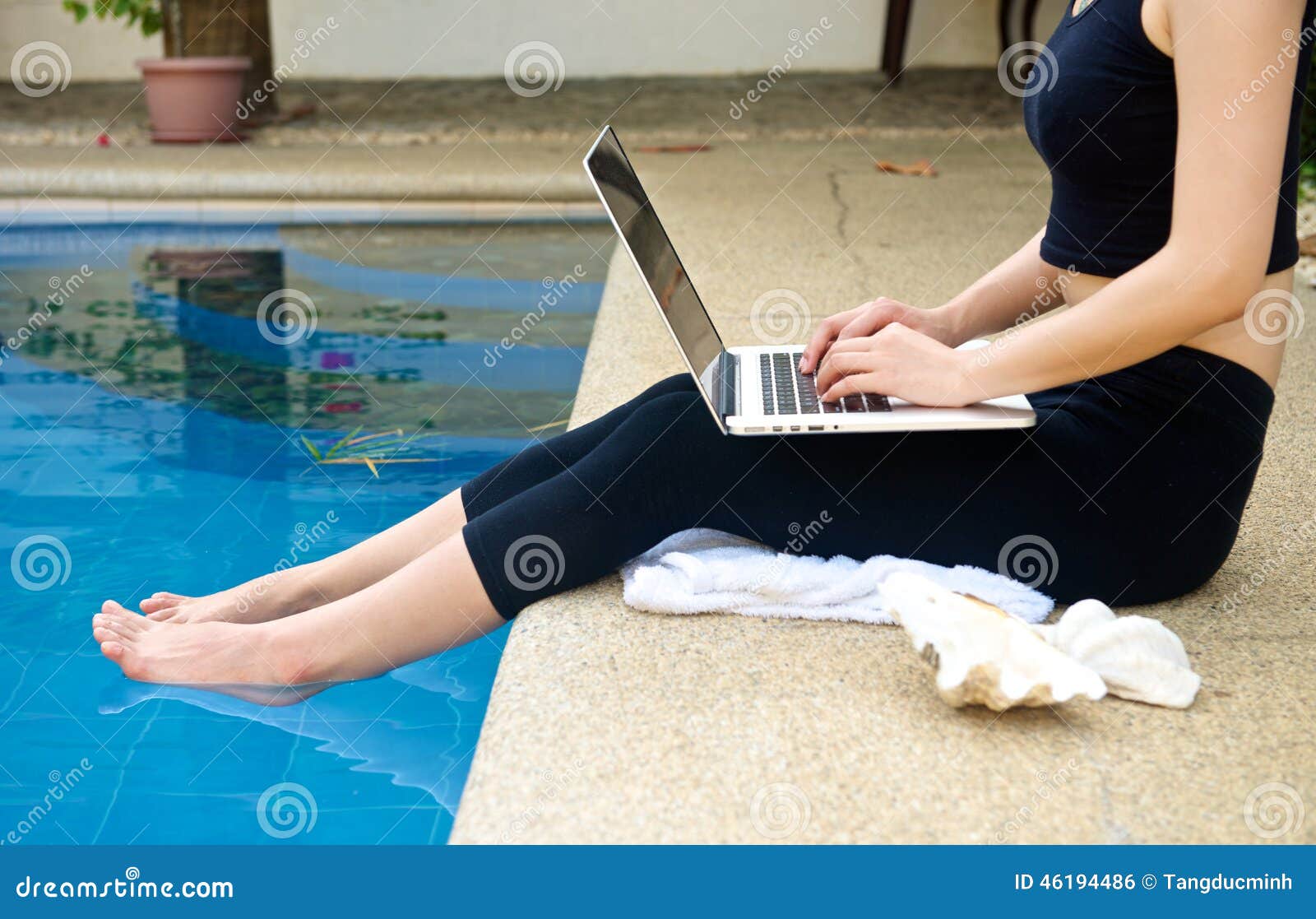 Girl Work with Laptop at Pool Stock Photo - Image of typing, working ...
