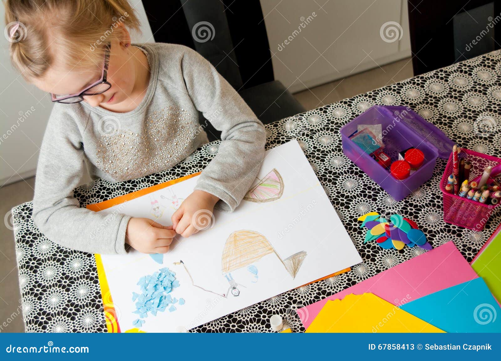 Girl Working on Art Project Stock Image - Image of paper, project: 67858413