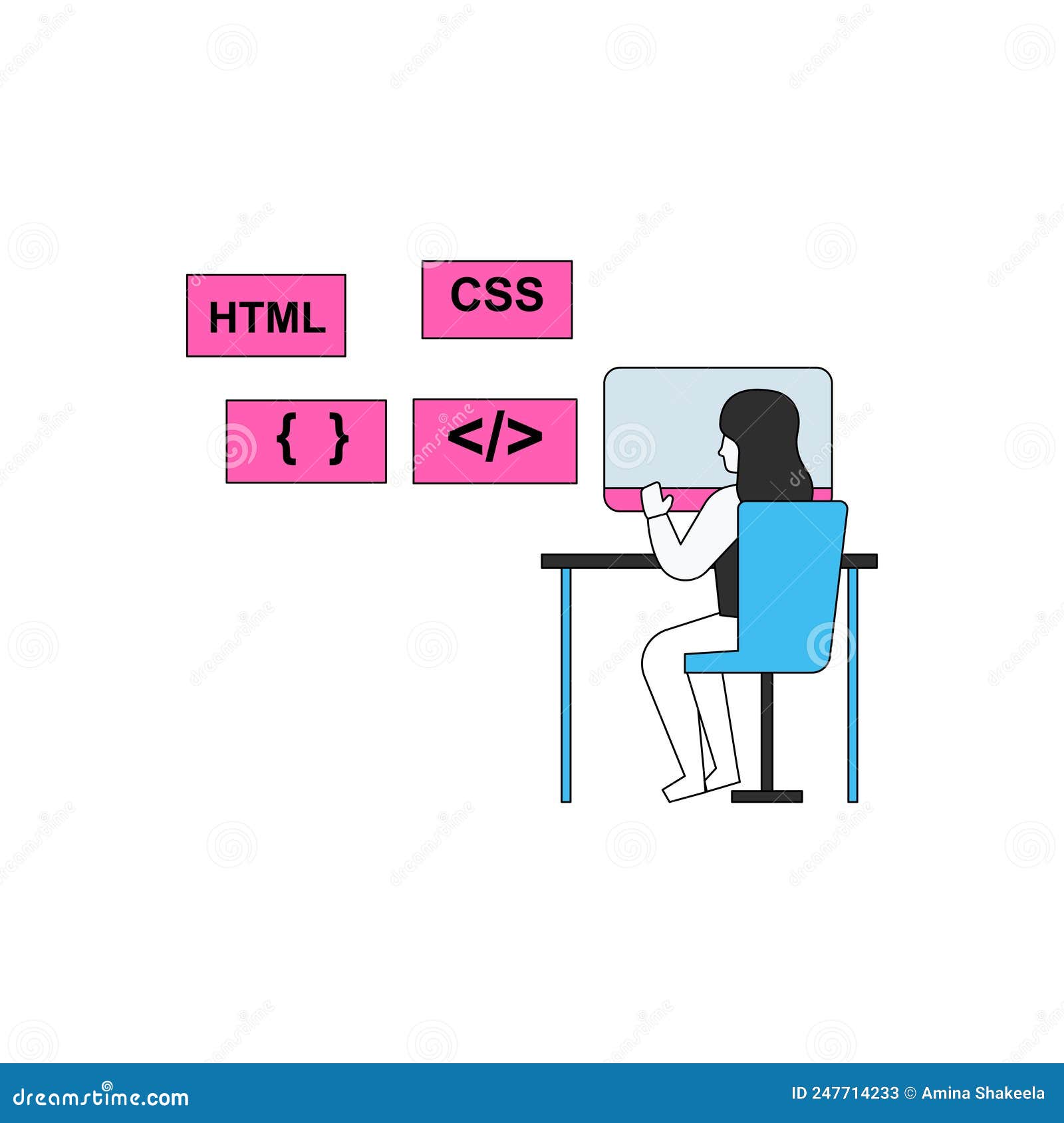 The Girl Is Working On Codings Html Css Stock Vector Illustration Of Performance Coding