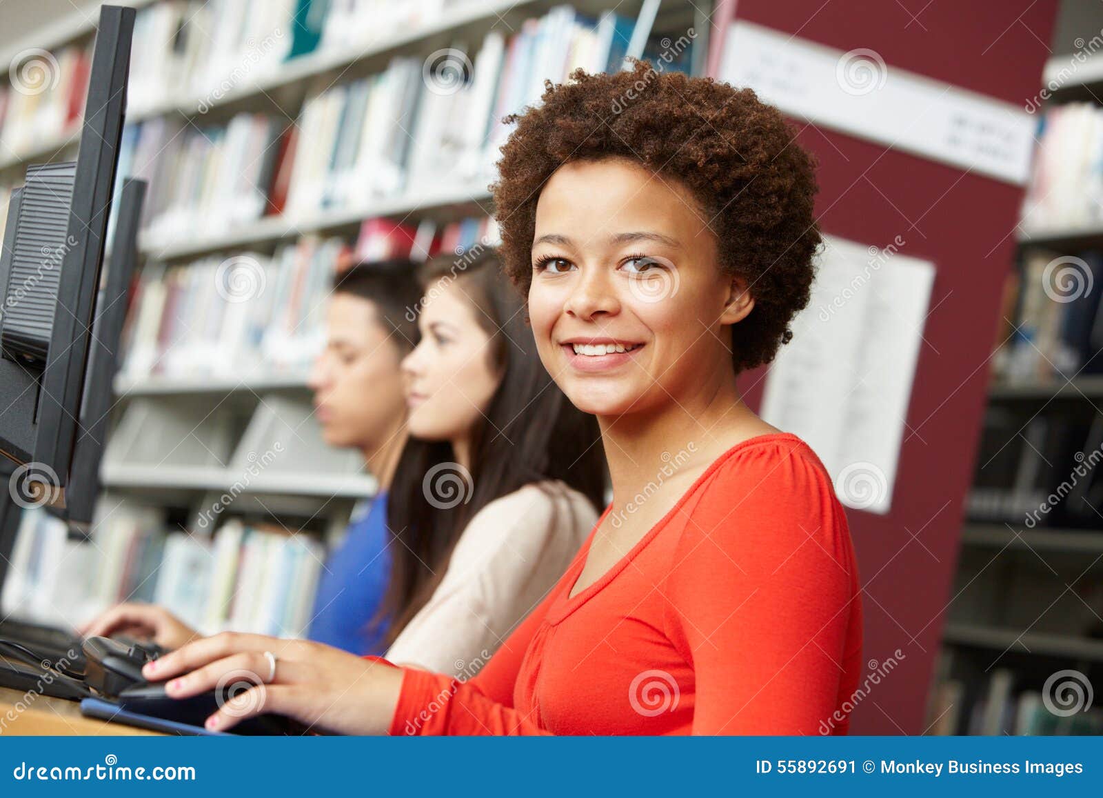 Girl Working on Computer in Library Stock Image - Image of computers ...