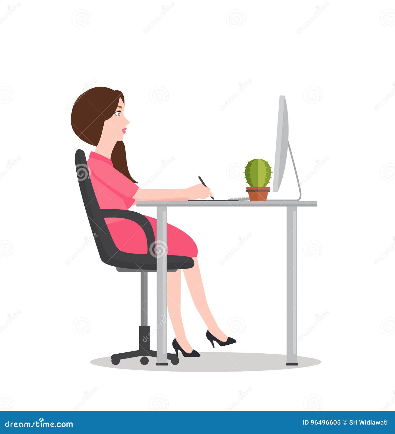 Girl Working on Computer Table Looking at Screen while Drawing ...