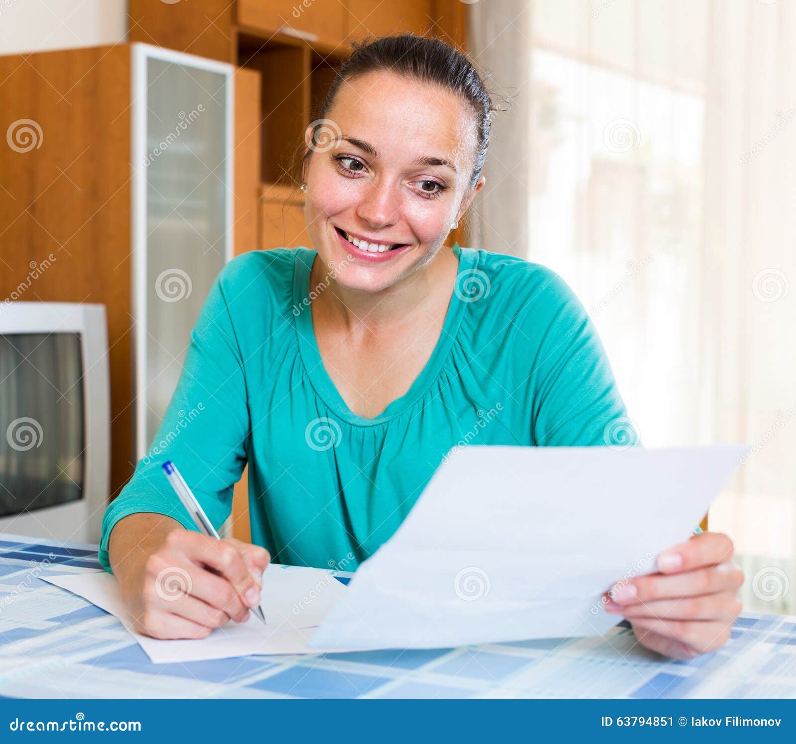 Girl Working with Documents at Home Stock Image - Image of happy ...