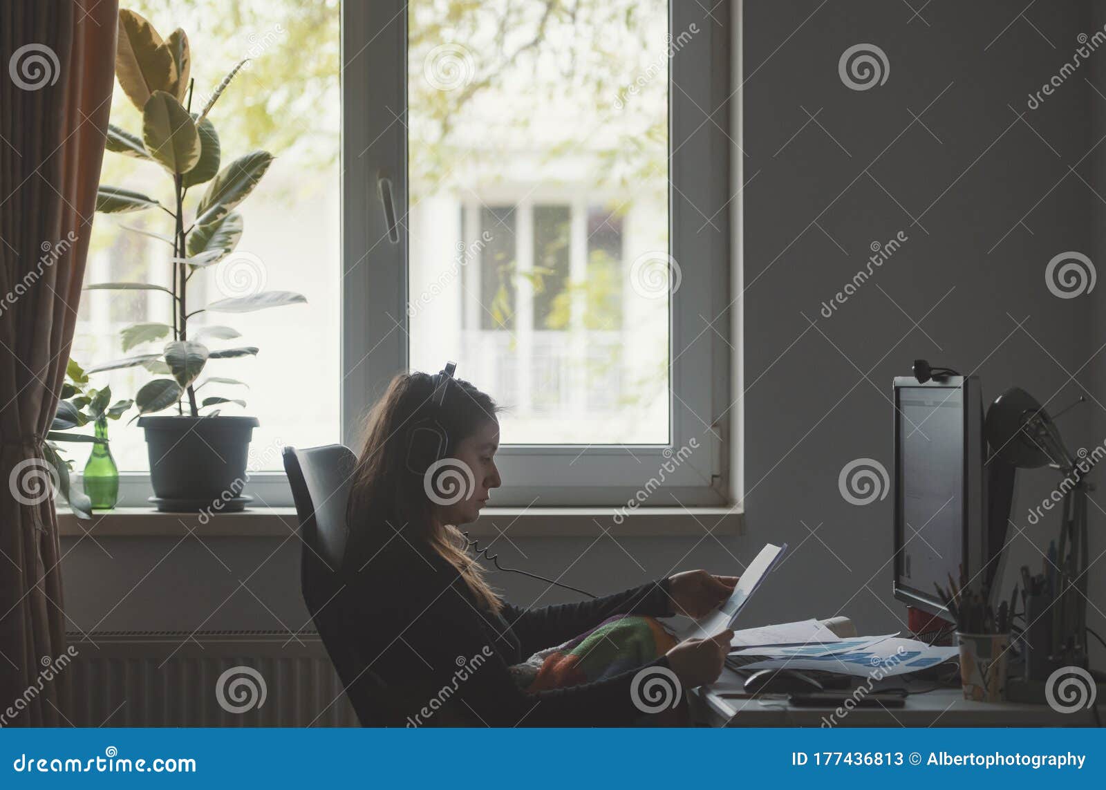 Girl working from home stock image. Image of business - 177436813