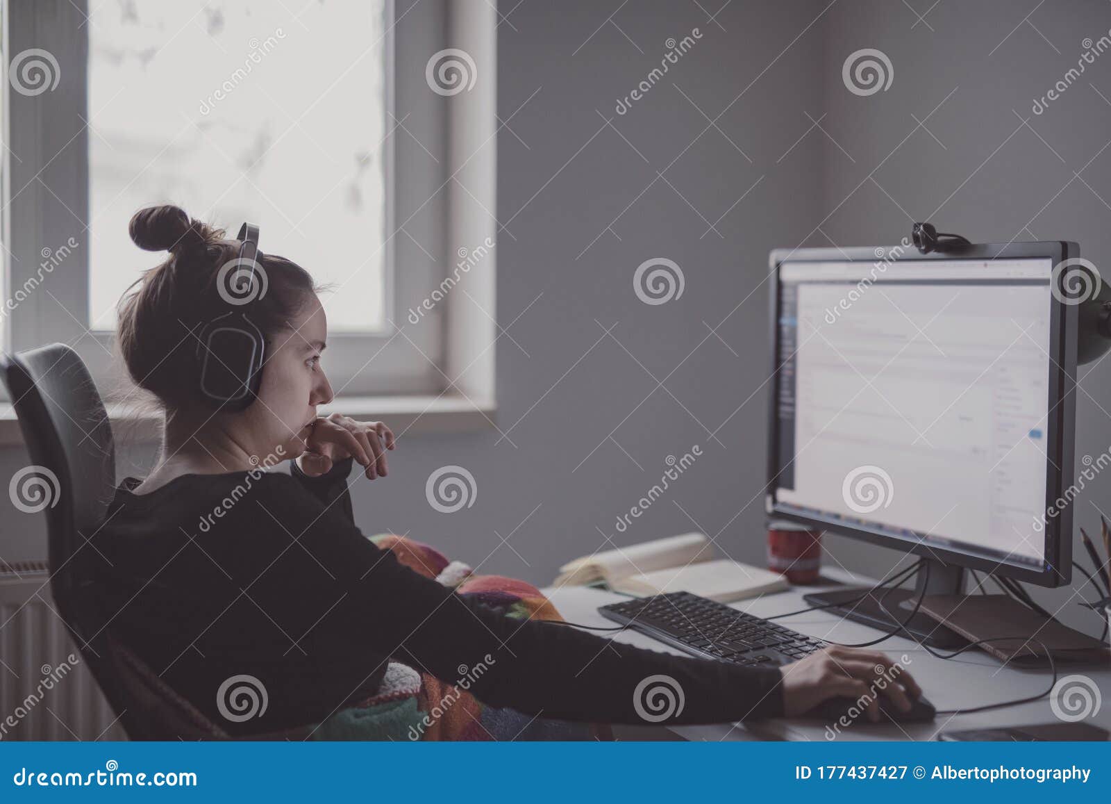 Girl working from home stock image. Image of girl, notebook - 177437427