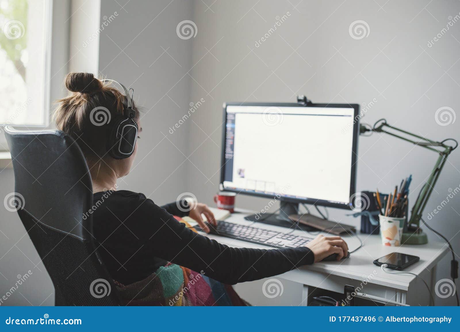 Girl working from home stock photo. Image of covid19 - 177437496
