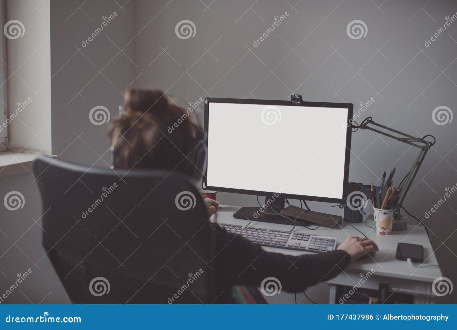 Girl working from home stock photo. Image of home, casual - 177437986