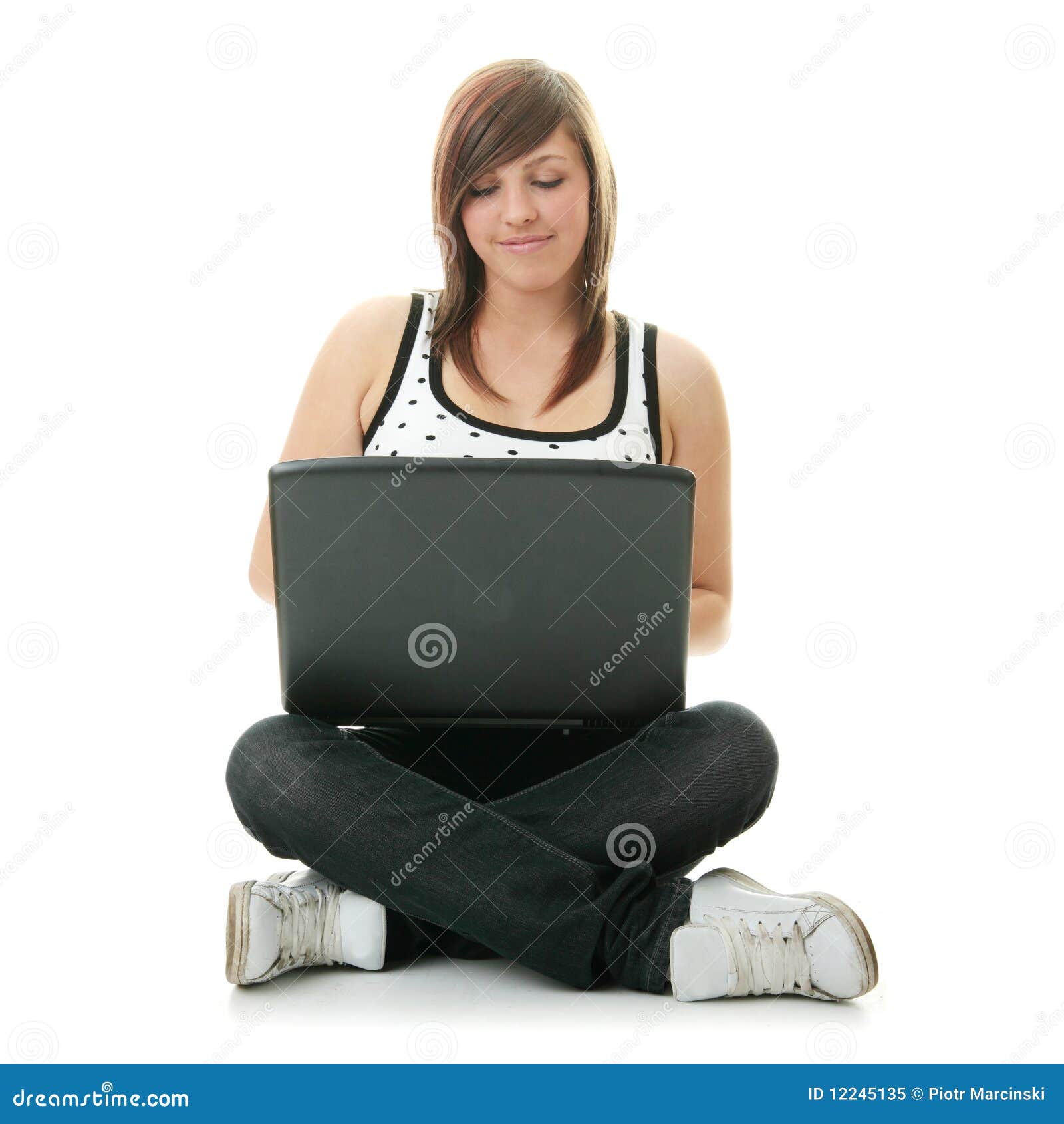 Girl Working on Her Laptop. Stock Image - Image of black, look: 12245135