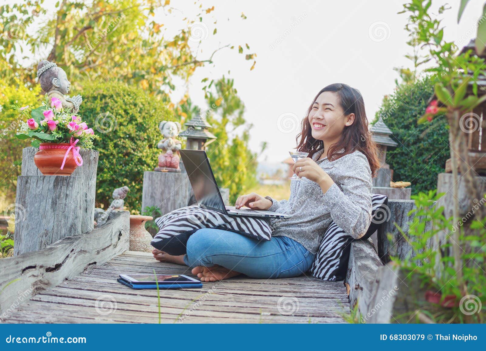 Girl Working on Her Laptop Computer Outside Stock Image - Image of ...