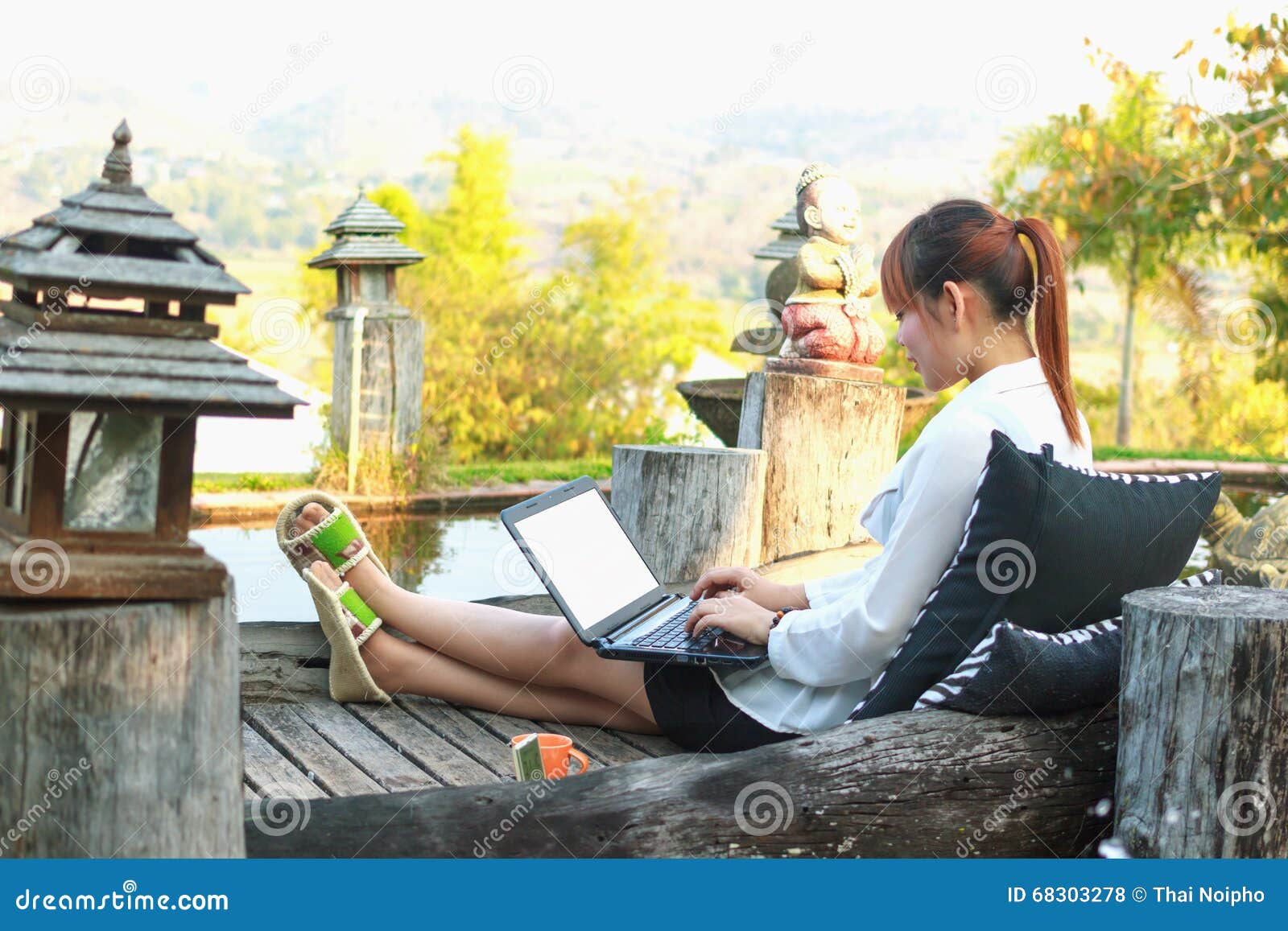 Girl Working on Her Laptop Computer Outside Stock Photo - Image of ...
