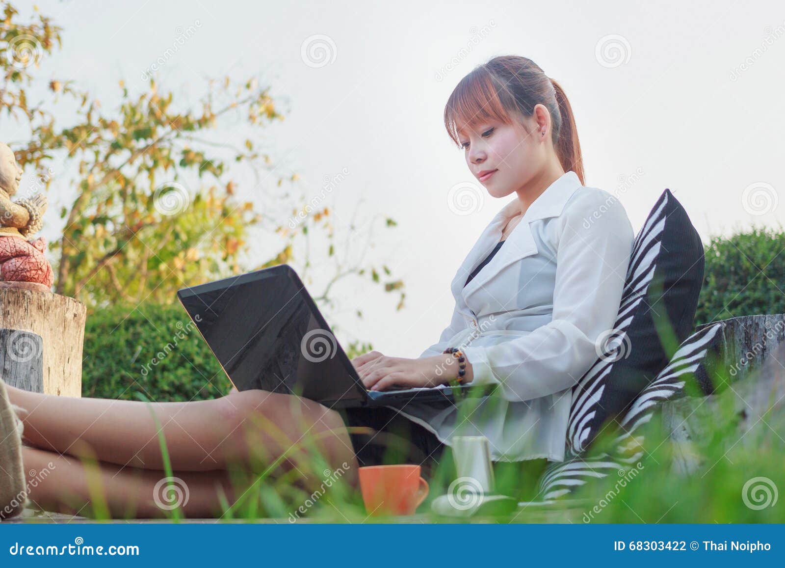 Girl Working on Her Laptop Computer Outside Stock Photo - Image of ...