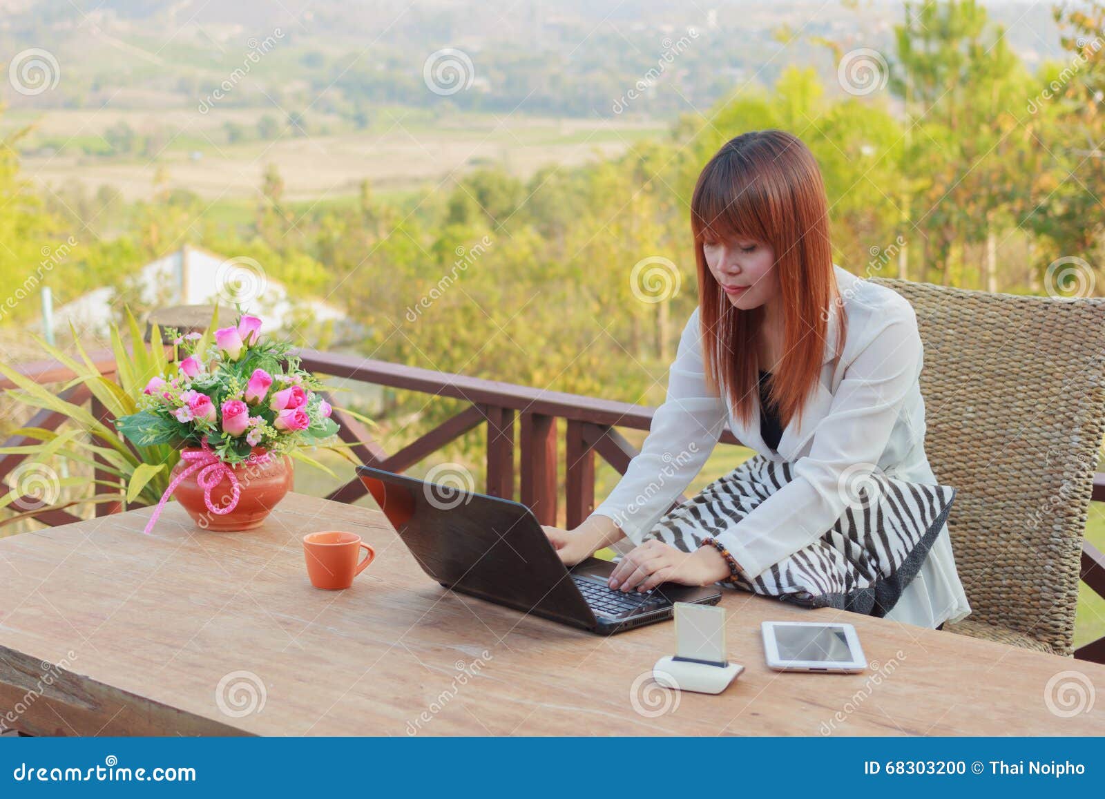 Girl Working on Her Laptop Computer Outside Stock Photo - Image of ...