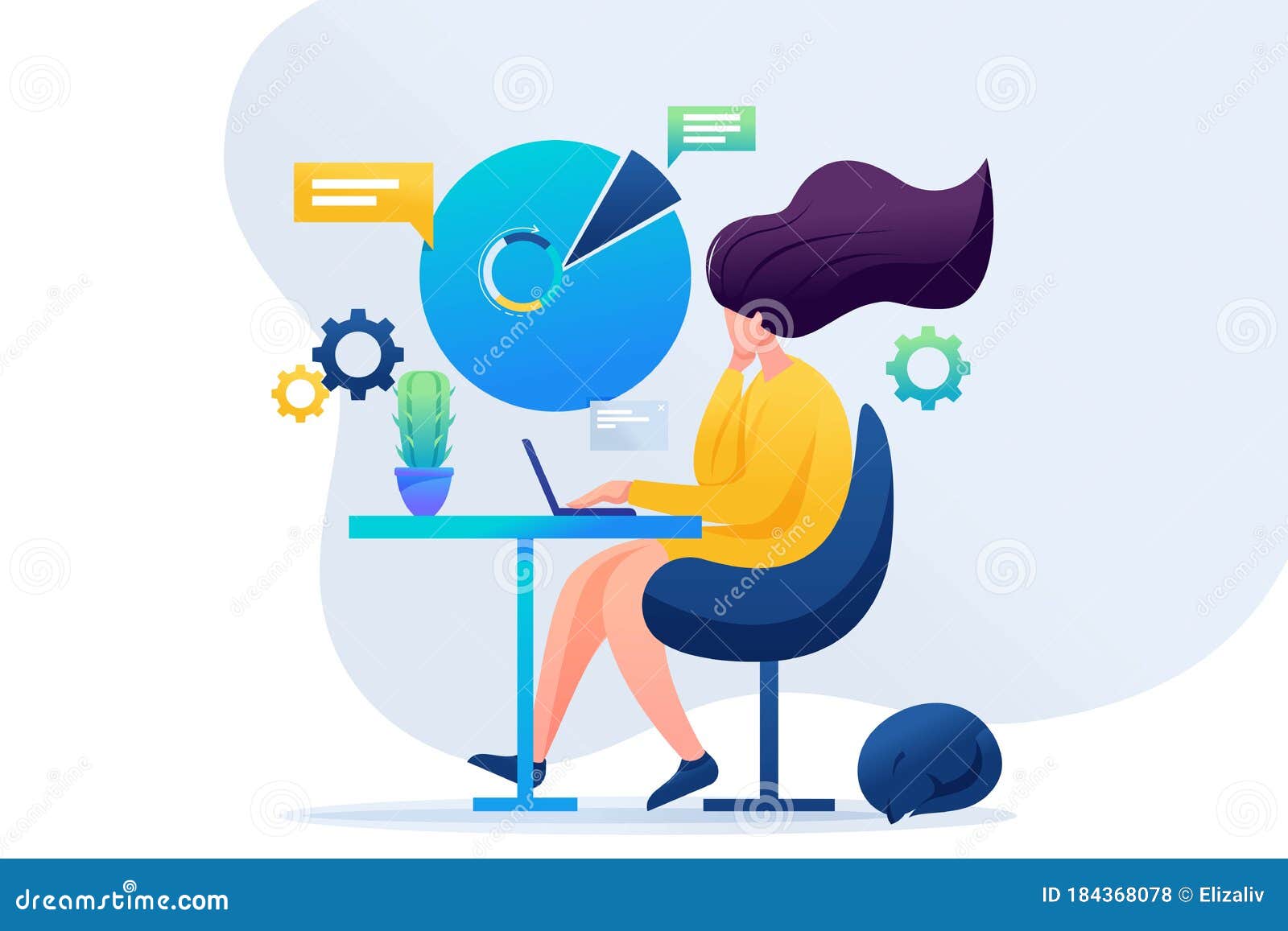 Girl Working at the Remote Work. Work at Home, Freelancer. Flat 2D ...