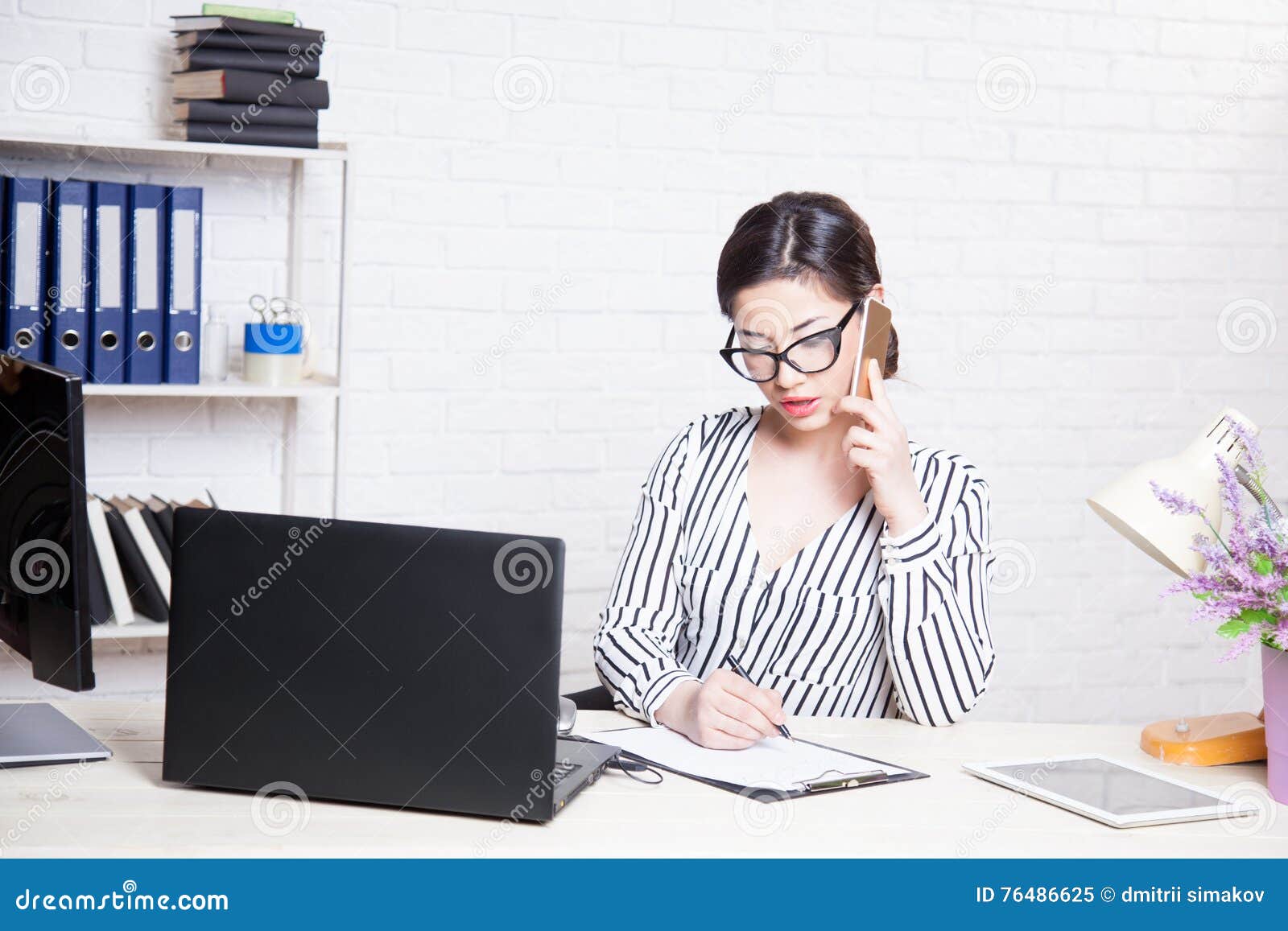 Girl in the Workplace at the Computer in the Office Stock Image - Image ...