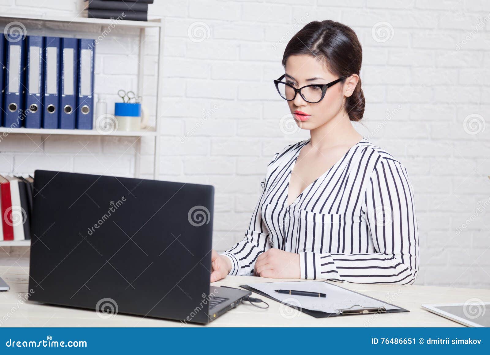 Girl in the Workplace at the Computer in the Office Stock Image - Image ...