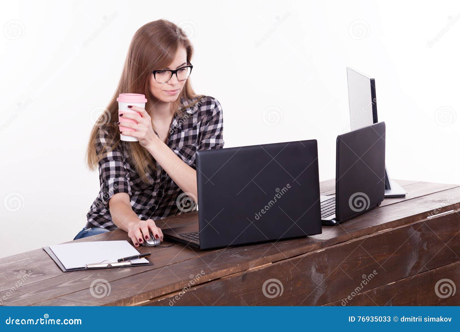Girl Works at the Computer in the Office Stock Image - Image of ...
