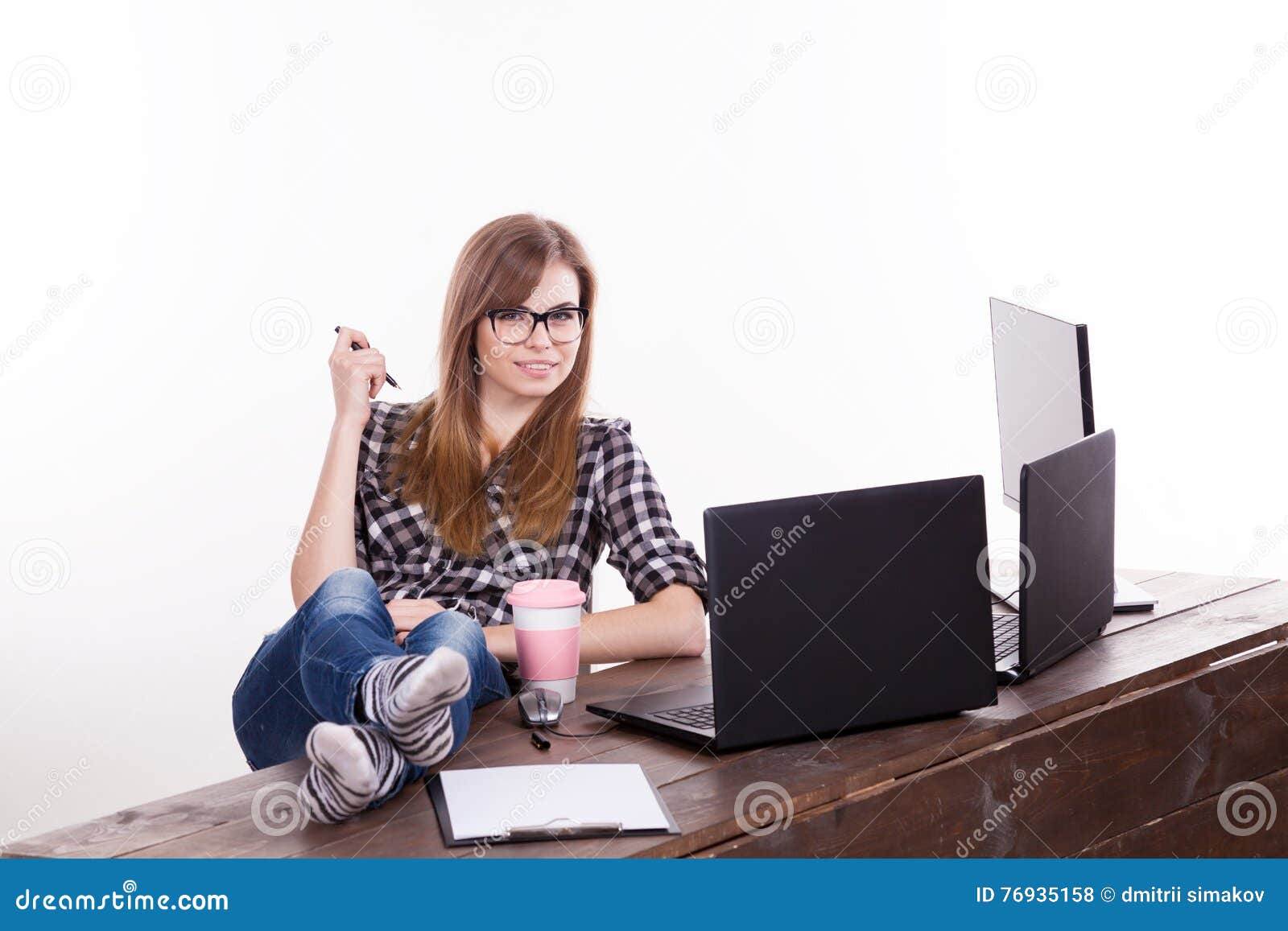 Girl Works at the Computer in the Office Stock Photo - Image of laptop ...
