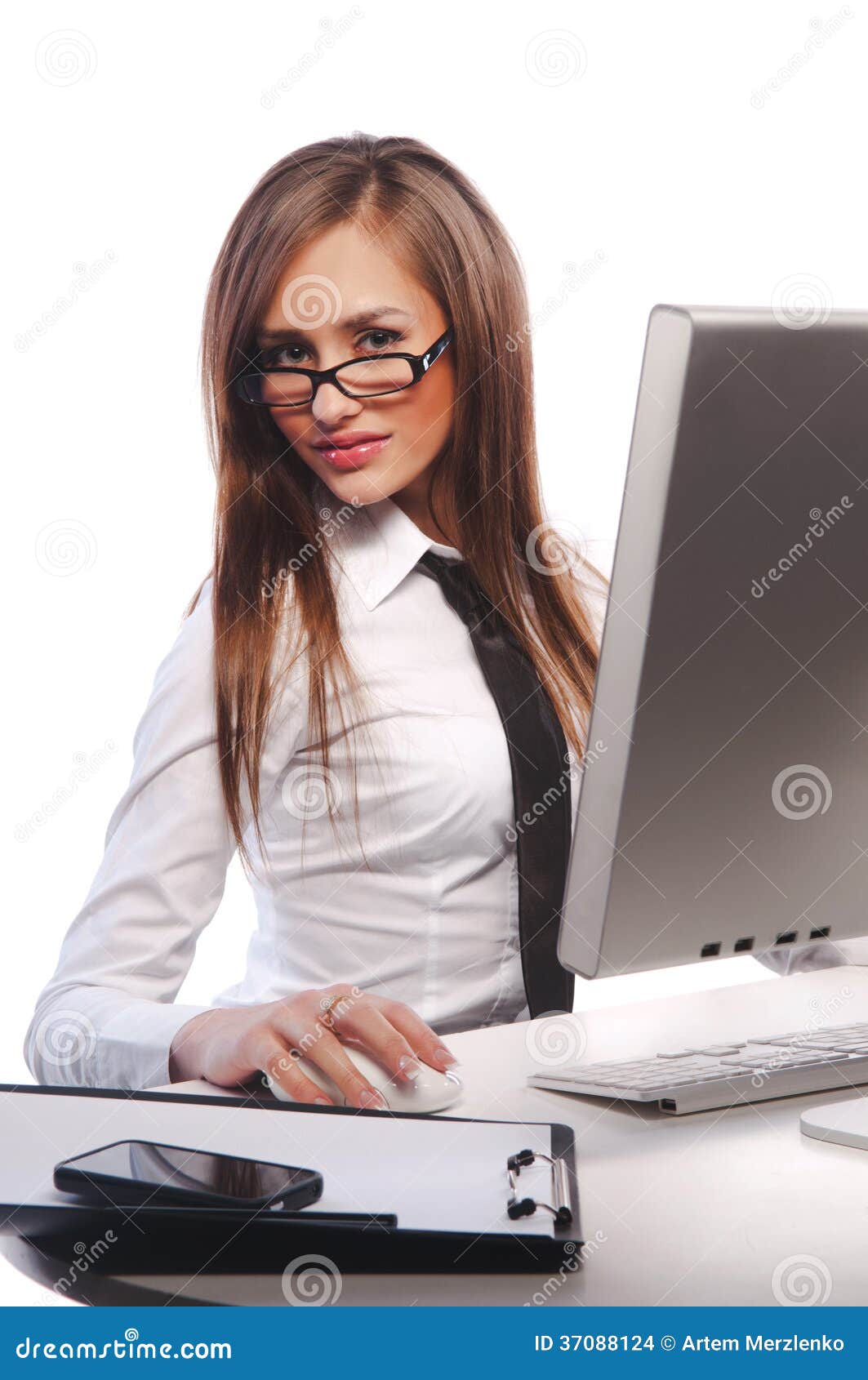 Girl works on a computer stock photo. Image of call, lips - 37088124